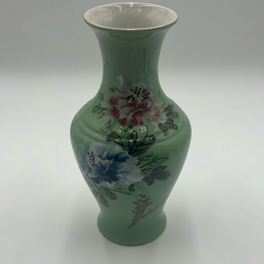 23 Hand Painted Green Floral Vase