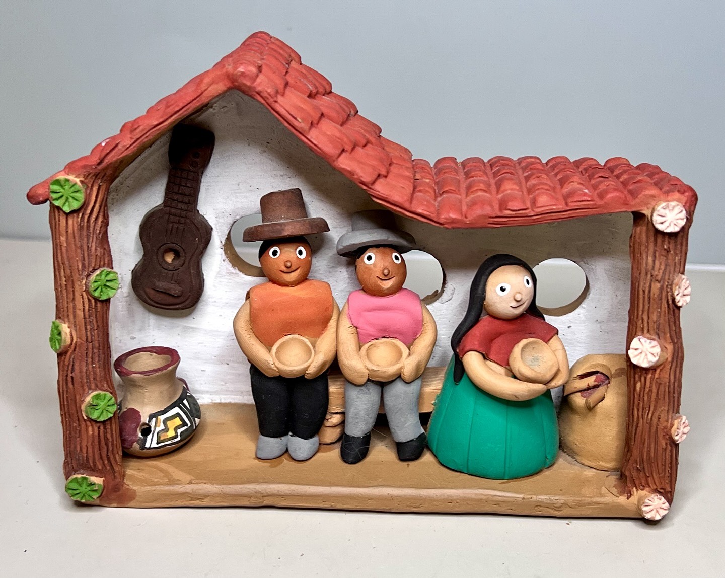 Vintage Peru Red Clay Folk Art Three People Guitar Pot Oven