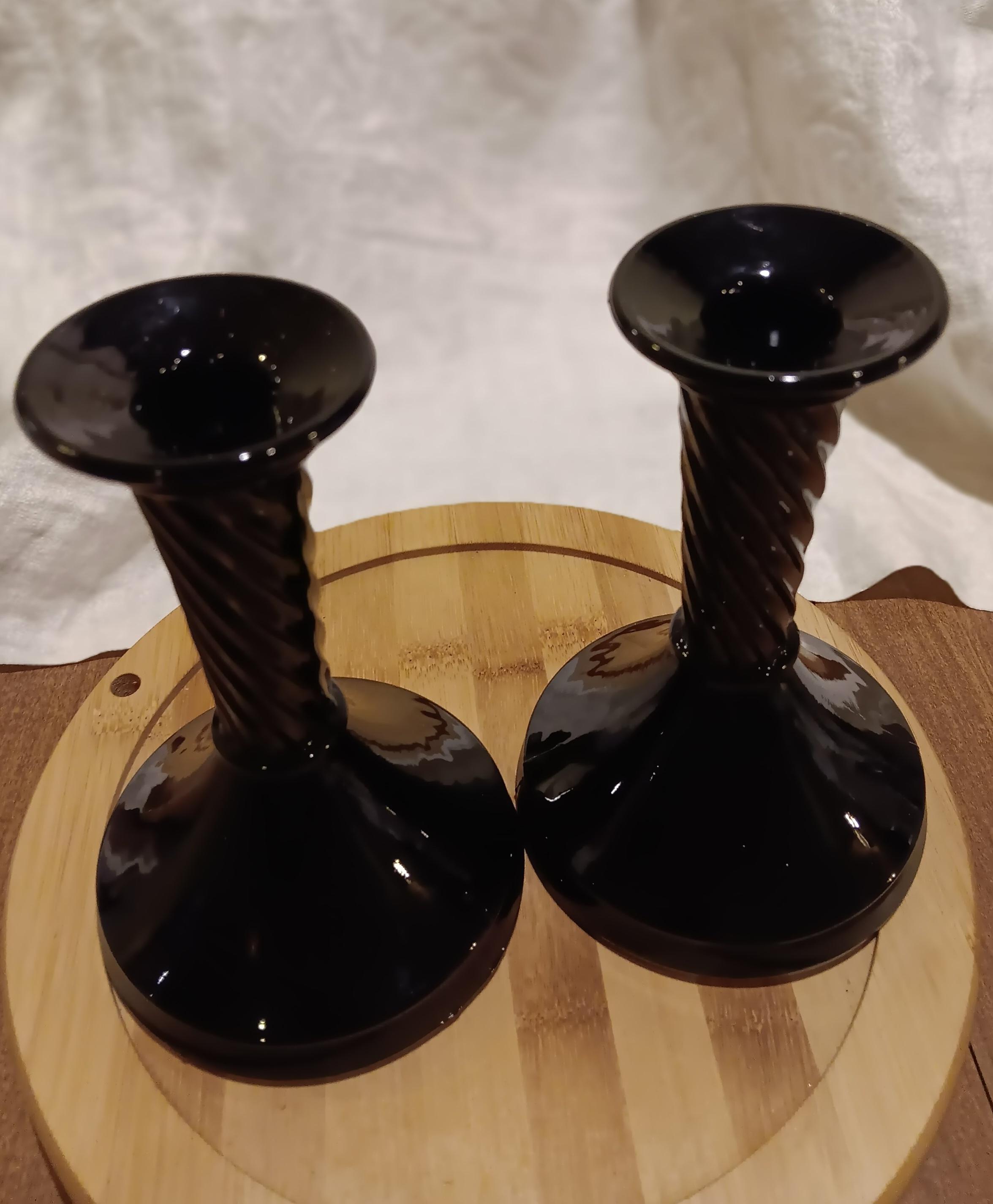 A Pair Of Indiana Glass Black Ameythst Taper Candle Holder