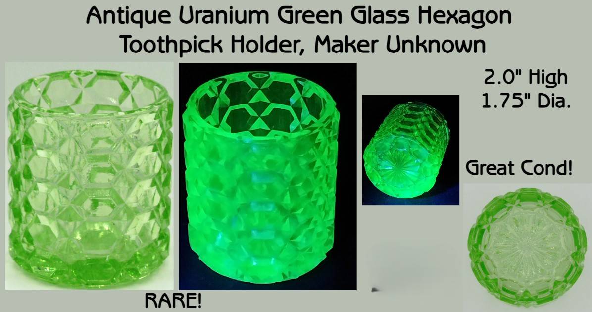 Vintage RARE Uranium Glass Hexagon Pattern Toothpick Holder