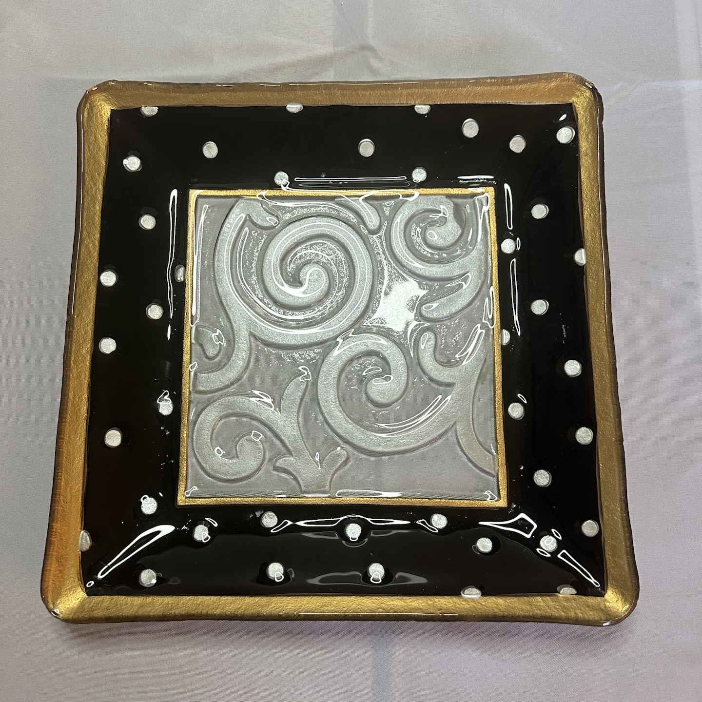 #693 Art Glass Platter, Square 11x11” Fused Glass Plate, Black, White ...