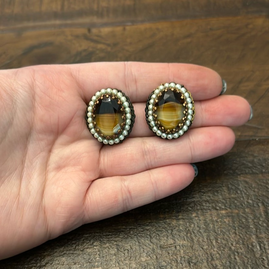 Made In Western Germany Brown Porphyry Glass And Faux Pearl Clip On ...