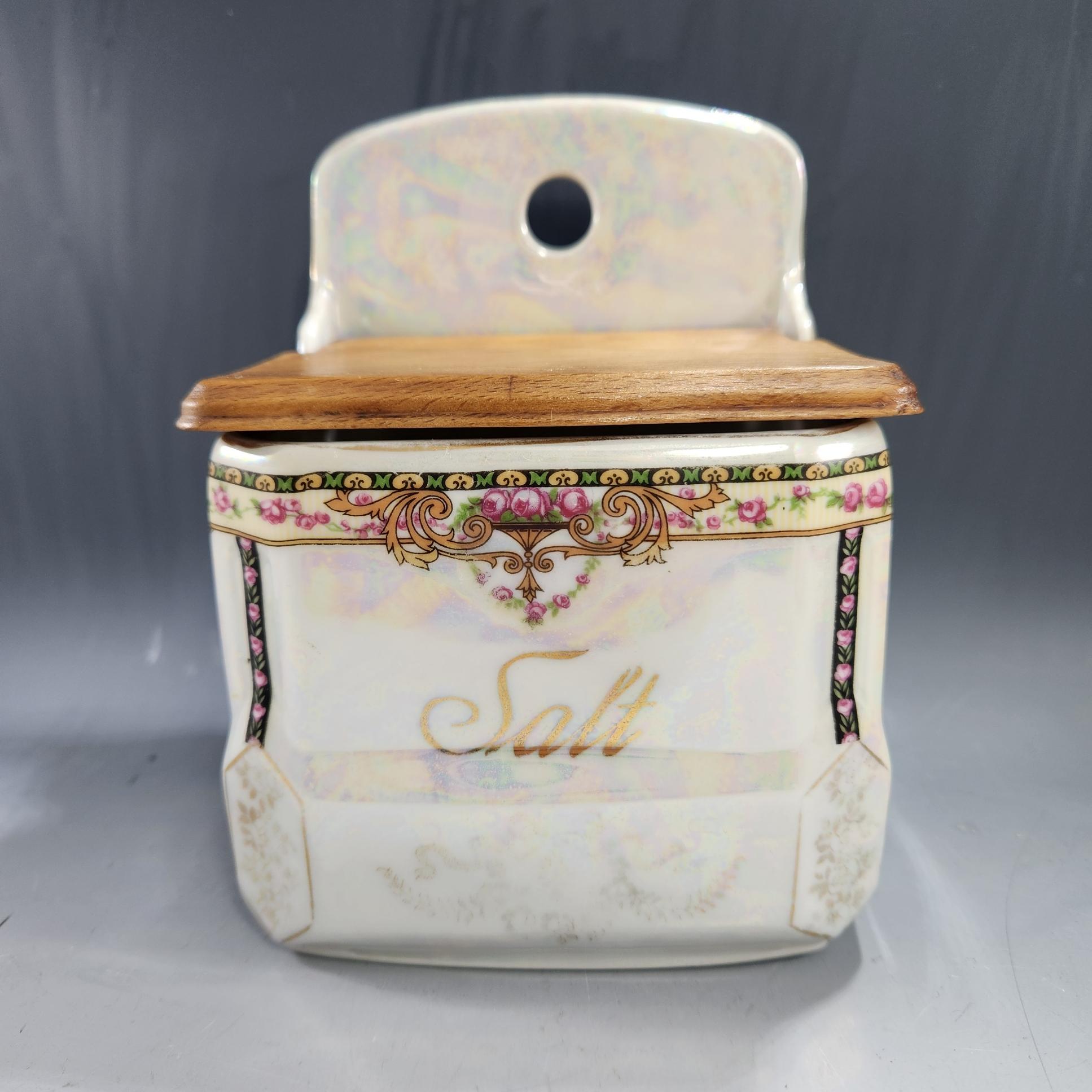 1920s Salt Box w Wood Lid Czech Victoria Spice Canister Wall Pocket ...