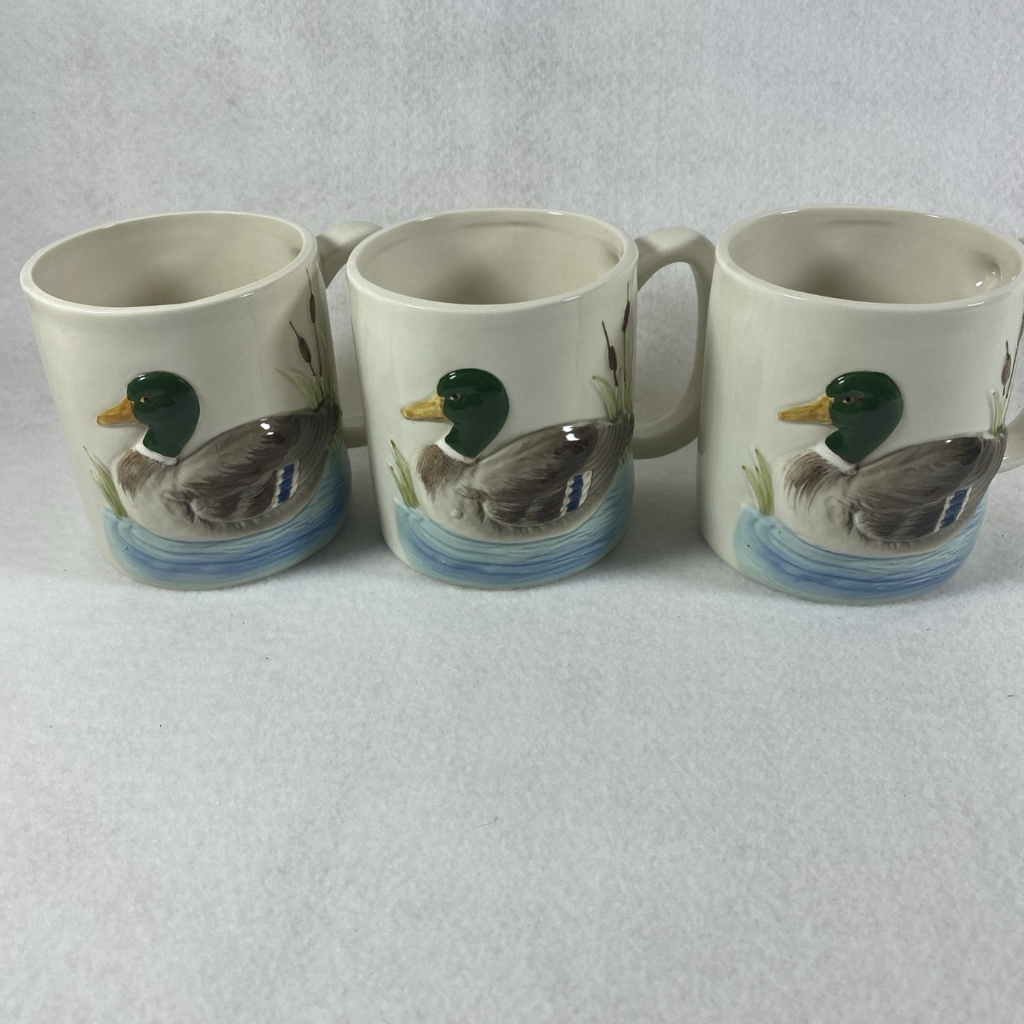 3 Vtg Otagiri Mallard Duck Mug/Cup Cattails 1981 Embossed Hand Painted ...
