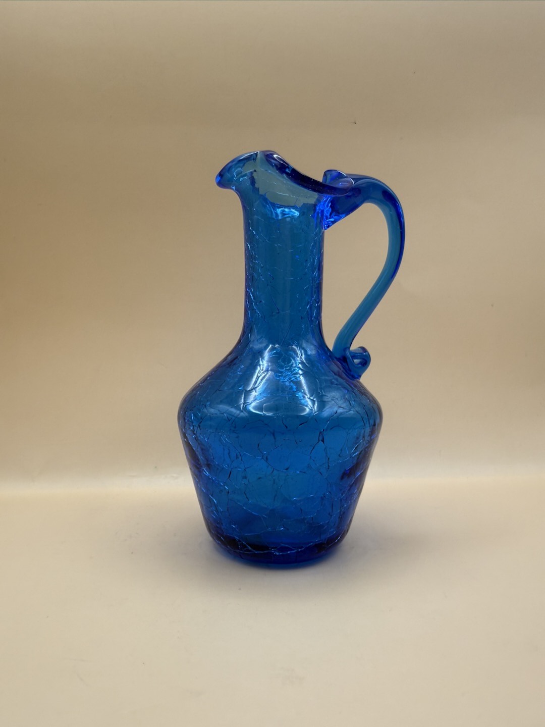 Pilgrim Bright Blue Crackle Glass Fluted Pitcher Vase 5”