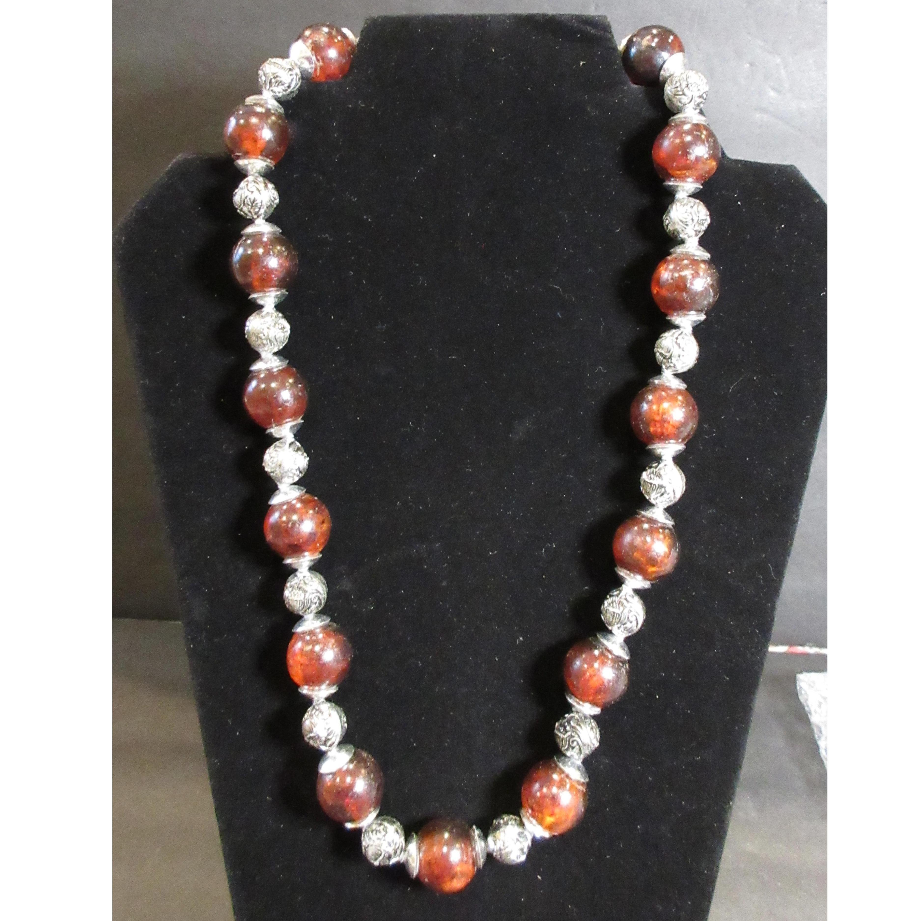 Vintage 1970s Amber & Red Lucite and Silver Metal Filigree Beads ...