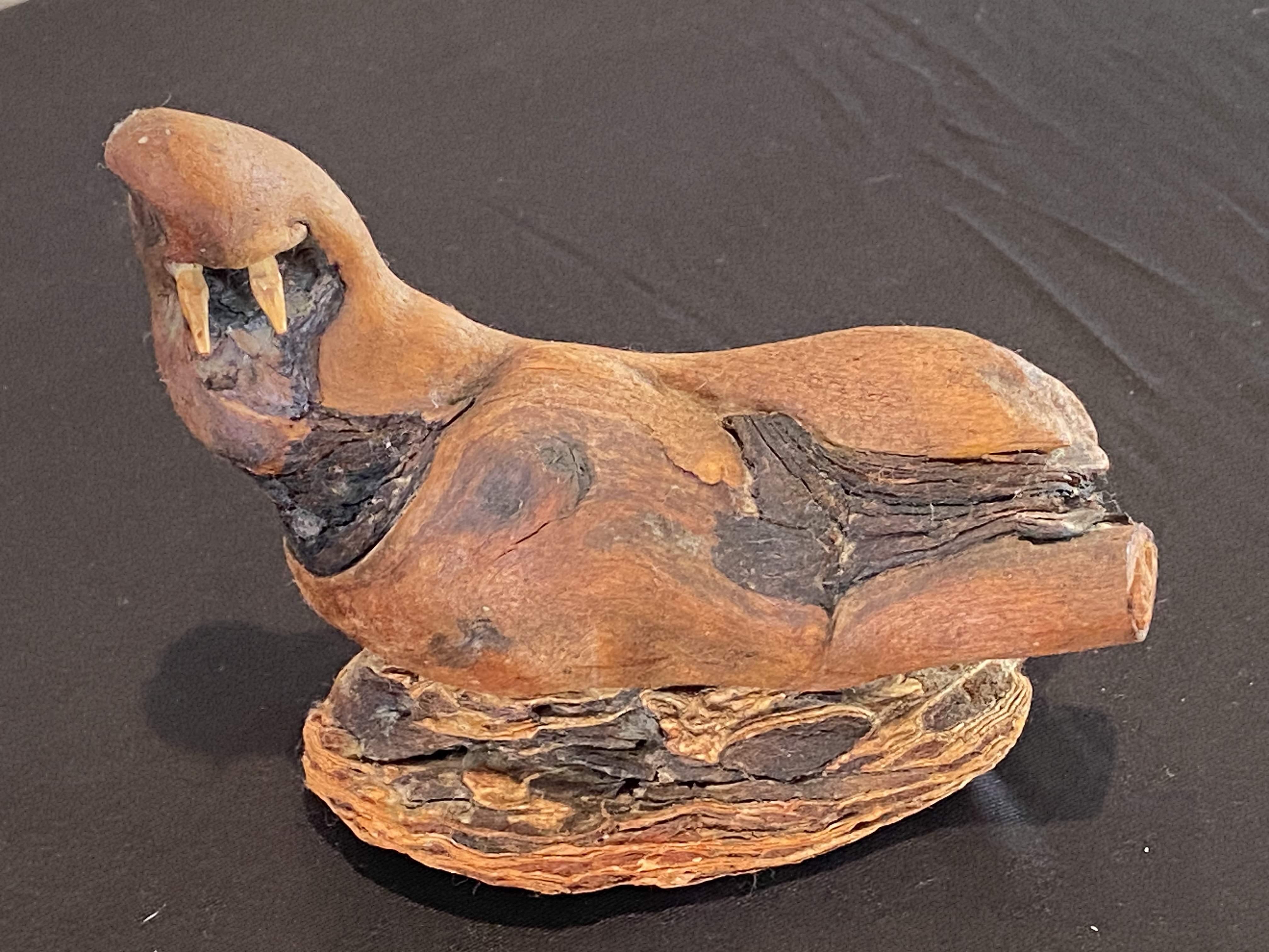 Antique Cypress Wood Carving of a Walrus, 5" x 5.5"