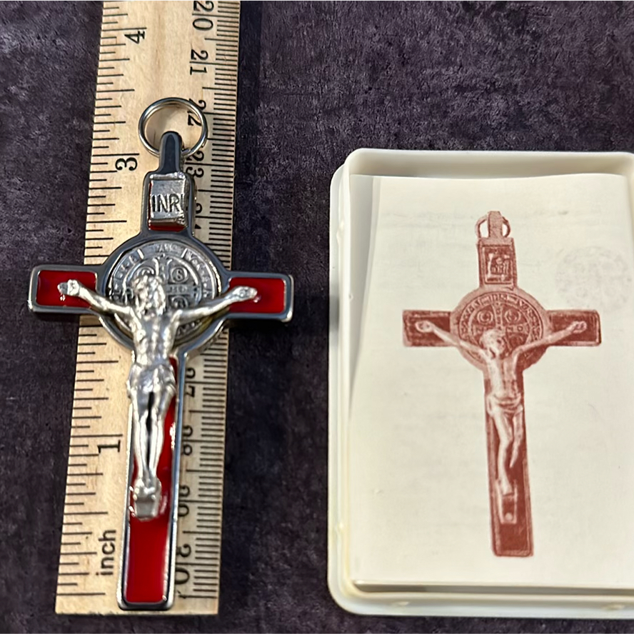 New St. Benedict 3 Inch Red And Silver Enamel Cross Crucifix Beautiful