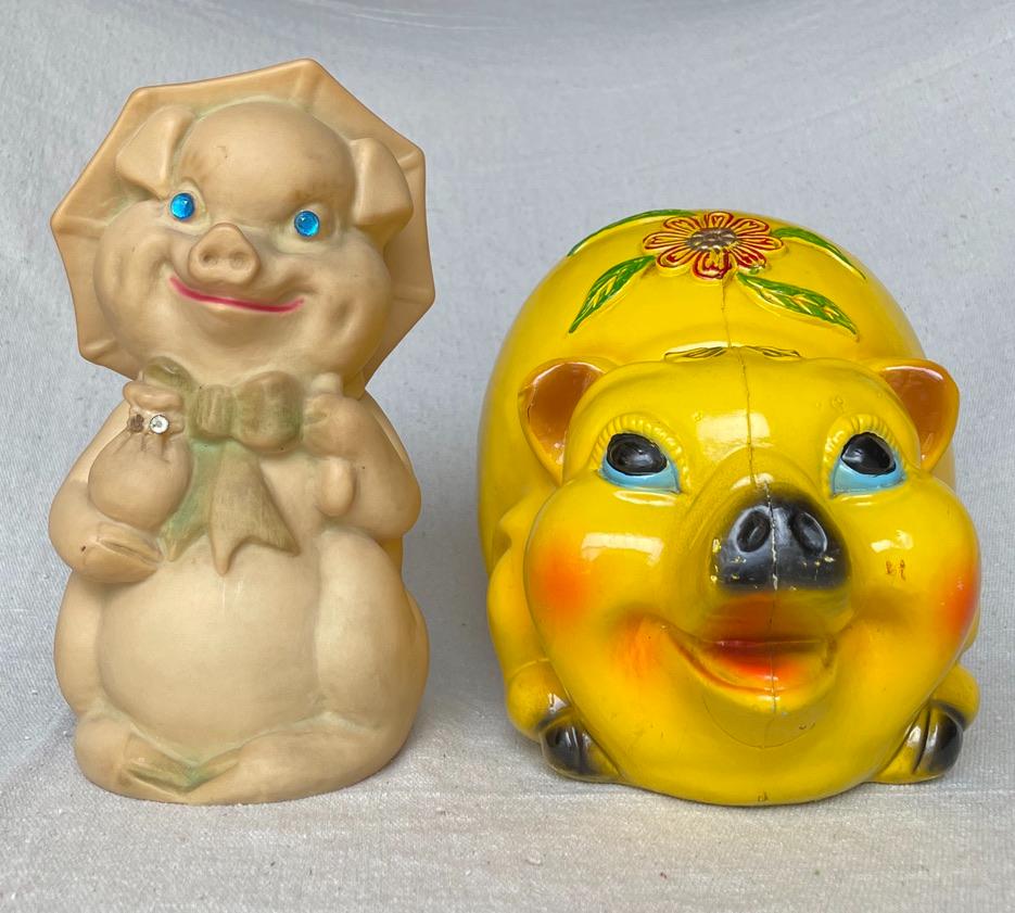 70's Silvestri Bros Yellow Floral Piggy Bank & Soft Rubber Piggy Bank w ...
