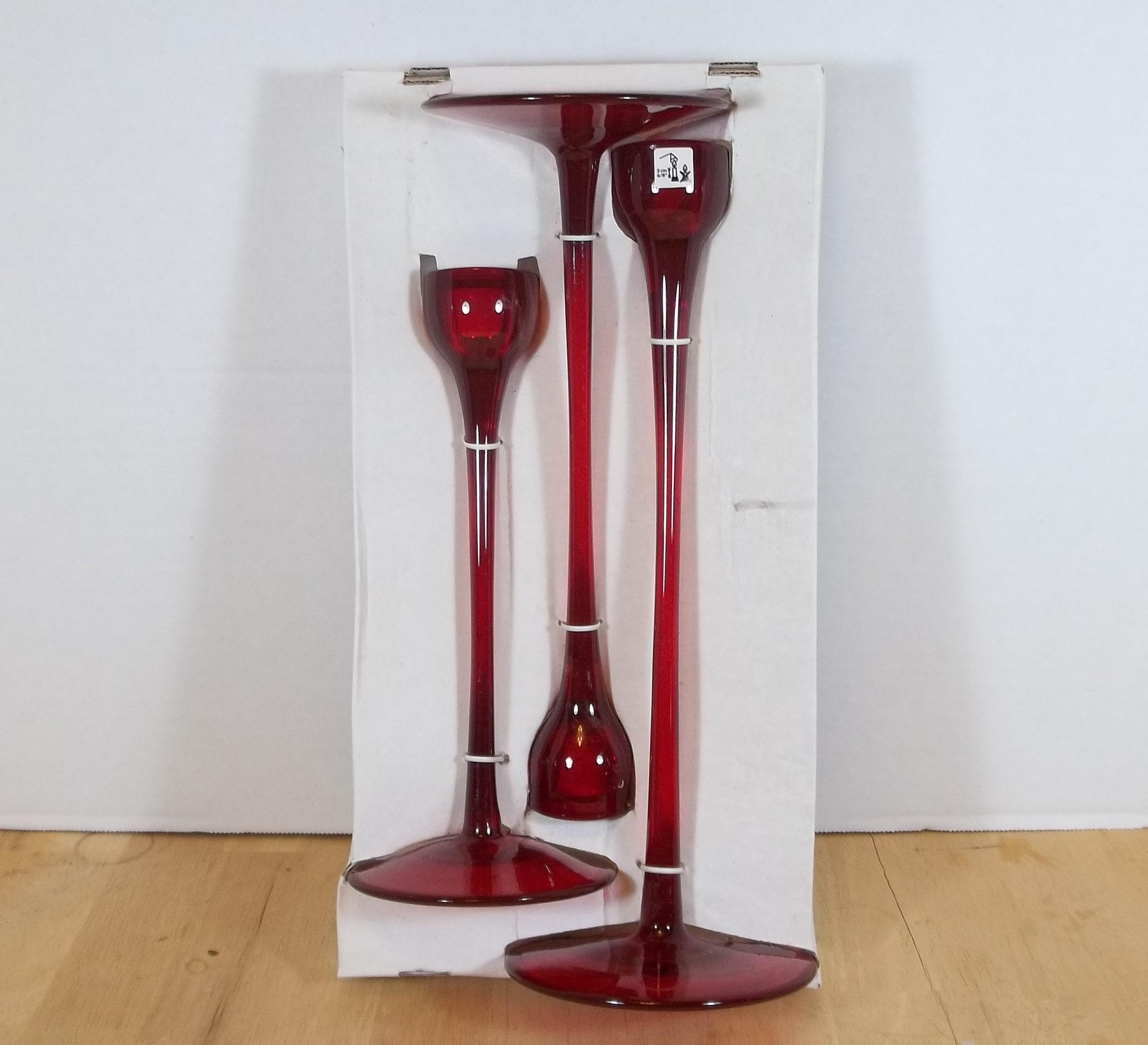 IKEA Blomster Set of 3 Ruby Red Tall Candle Holders, New In Box