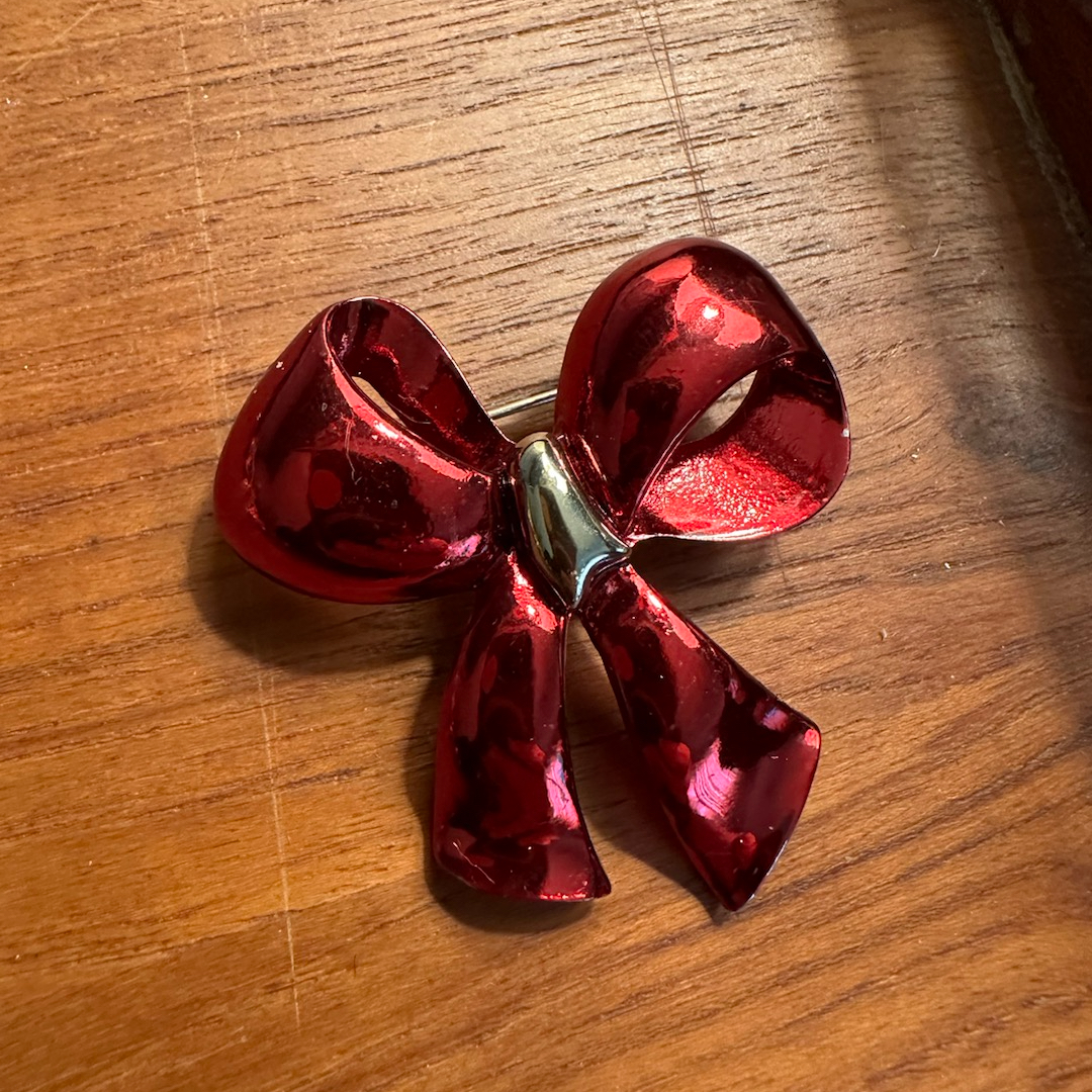 Super Shiny Red Bow Brooch With Silvertone Center, Enamel