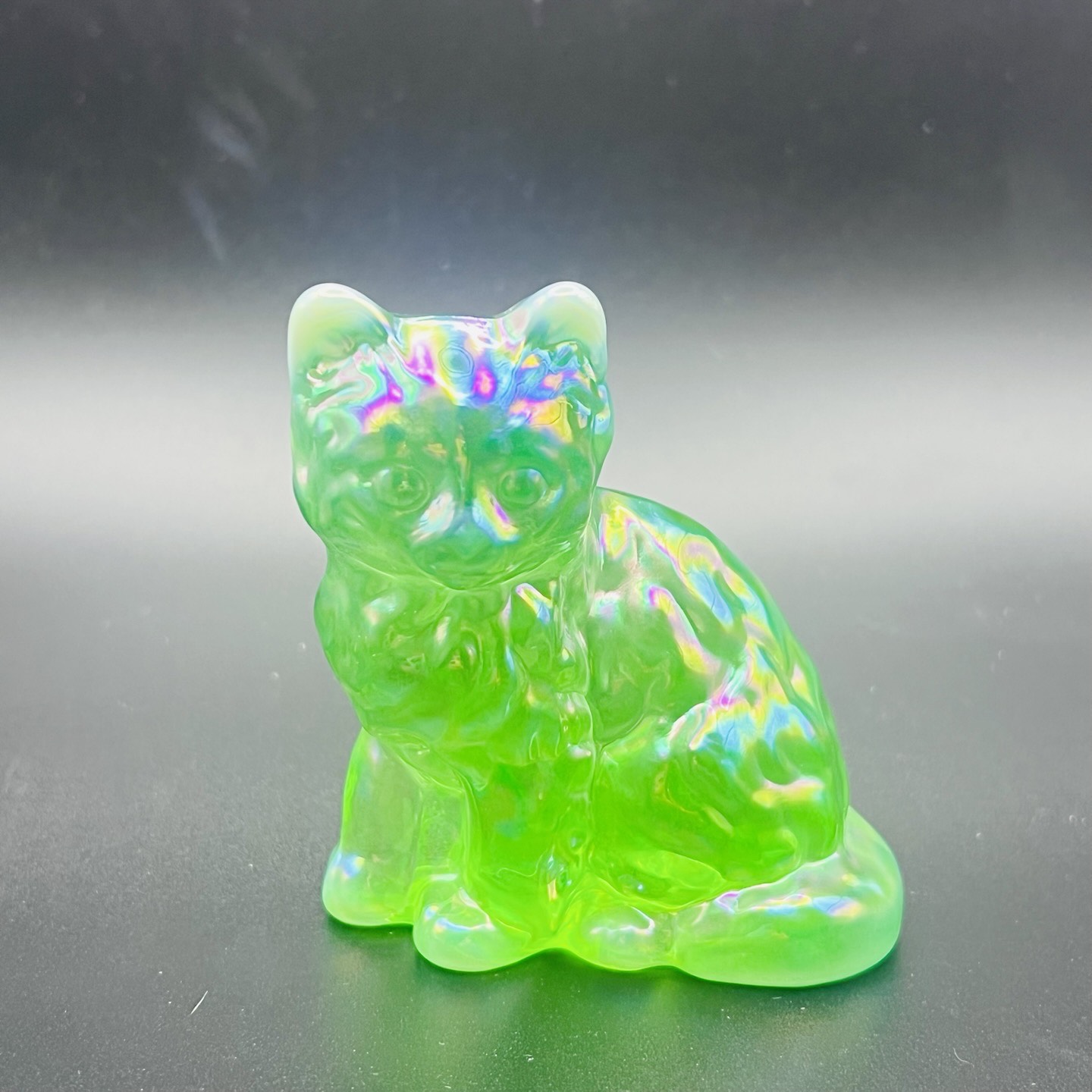 Mosser Glass Opalescent Green GLOWY Cat Figural Paperweight 3”