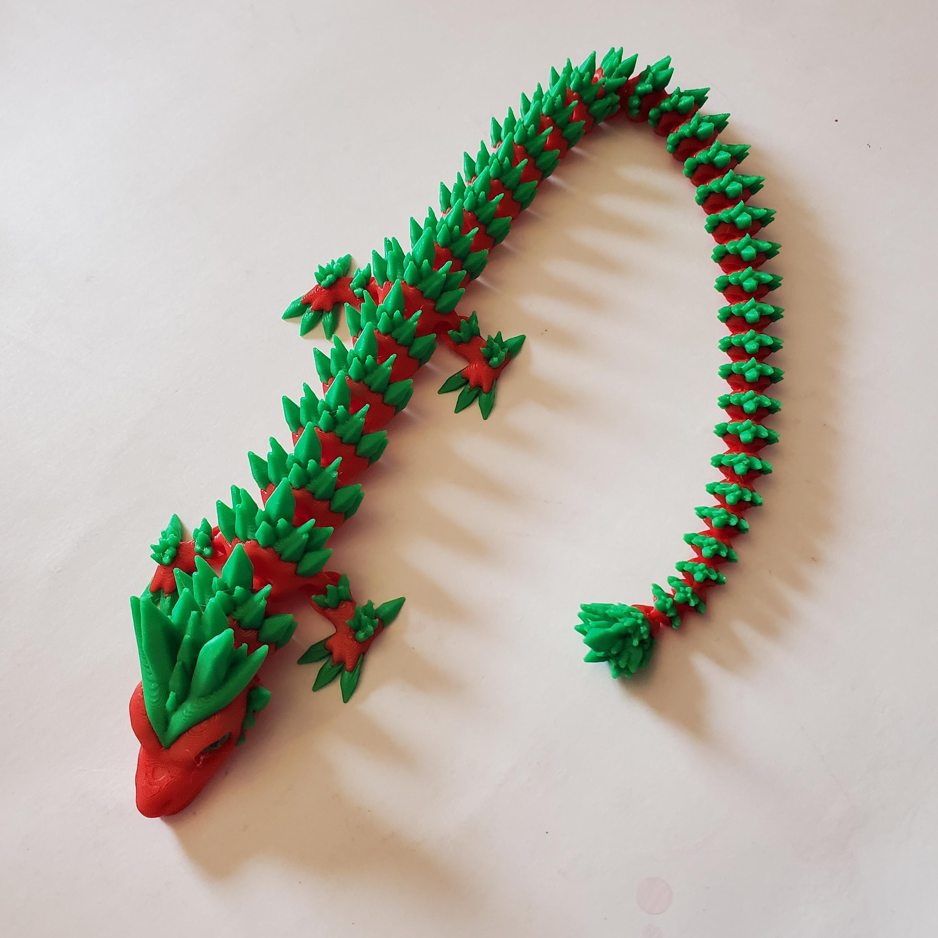 3D printed 13 inch spiked red and green articulated dragon fidget toy