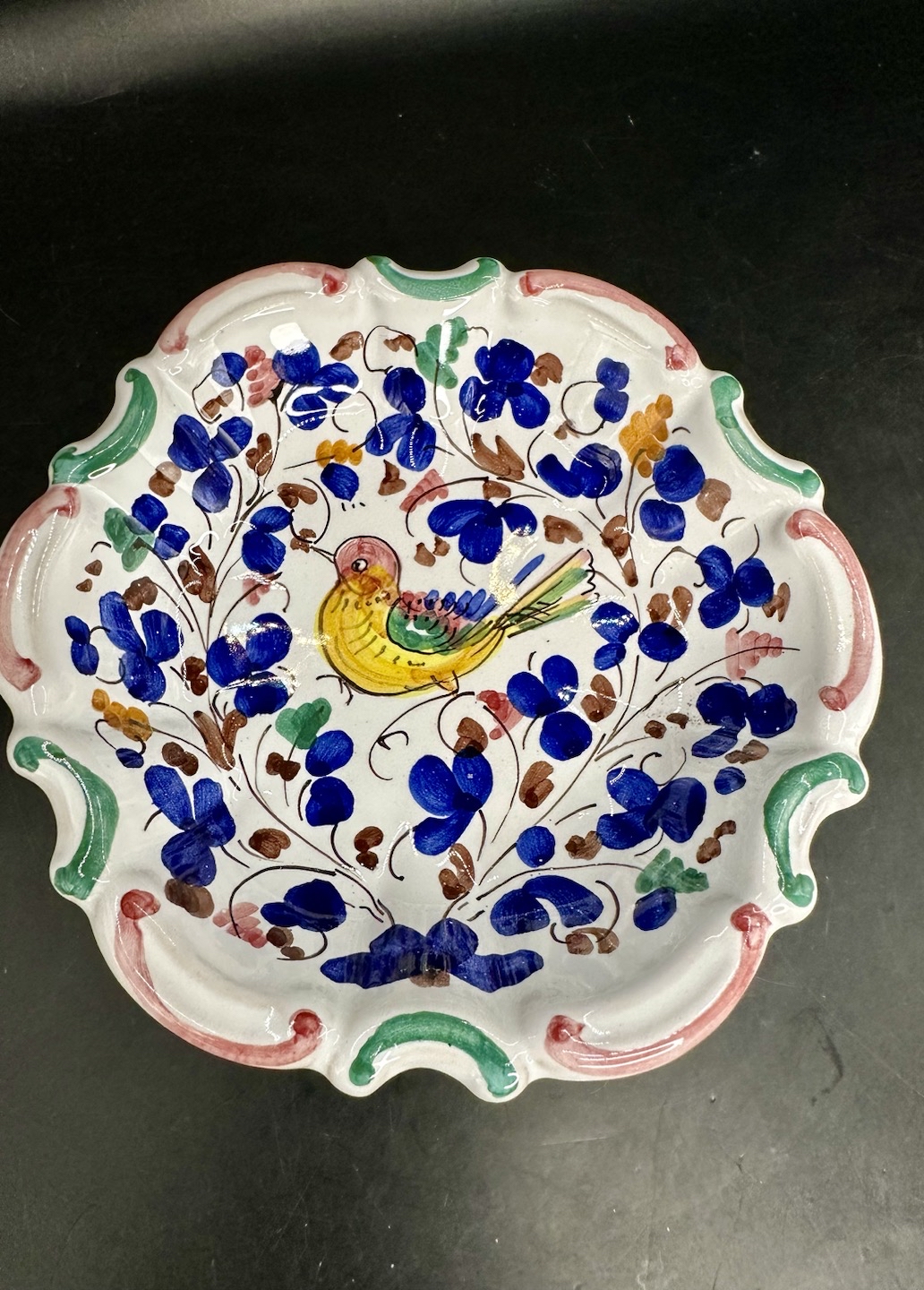 Vintage Deruta Pottery Small Bird Bowl Hand Painted Sberna Scalloped 6”