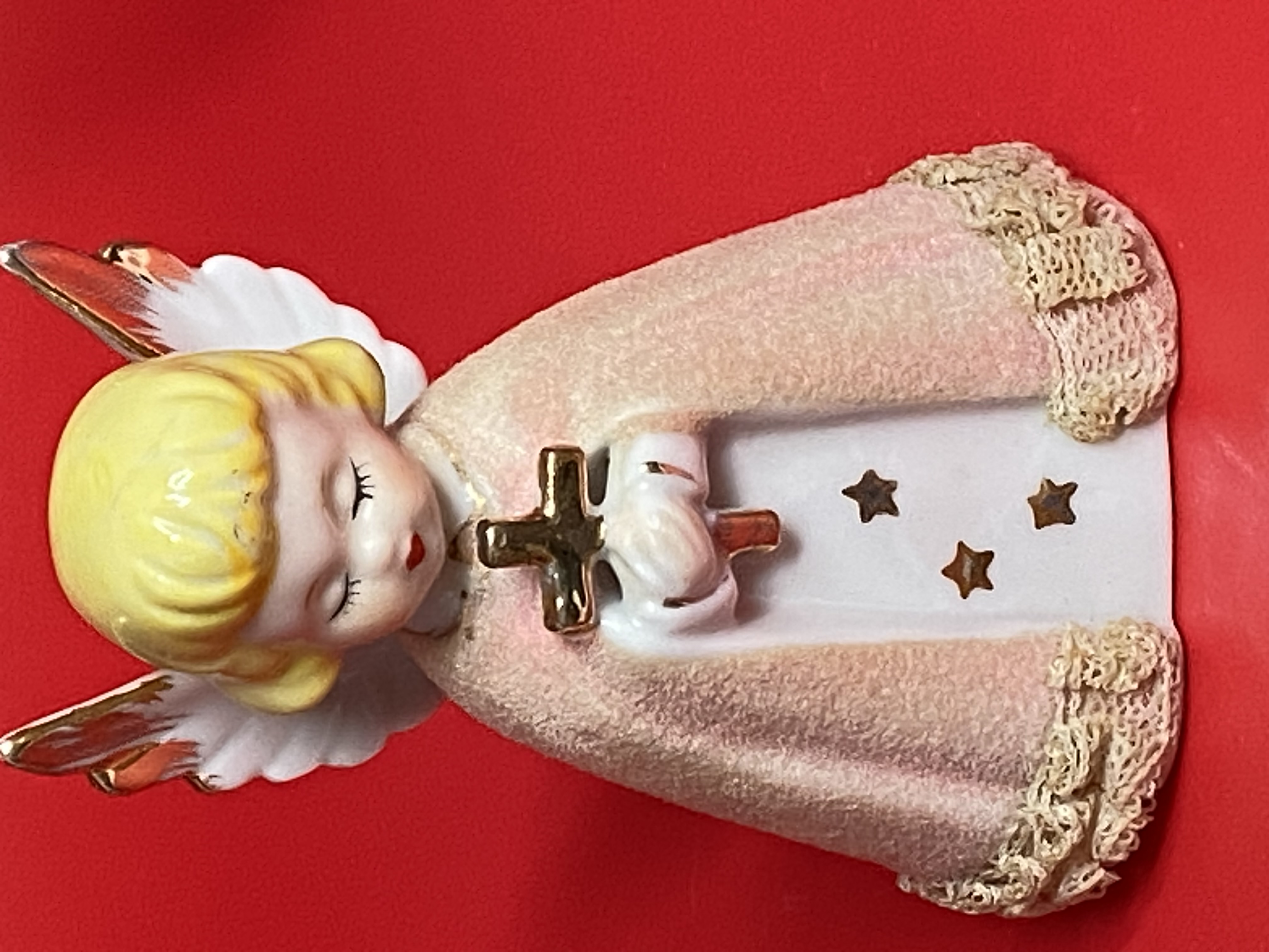 Vintage Miniature Porcelain Praying Angel w/ Flocked Laced Pink Cape