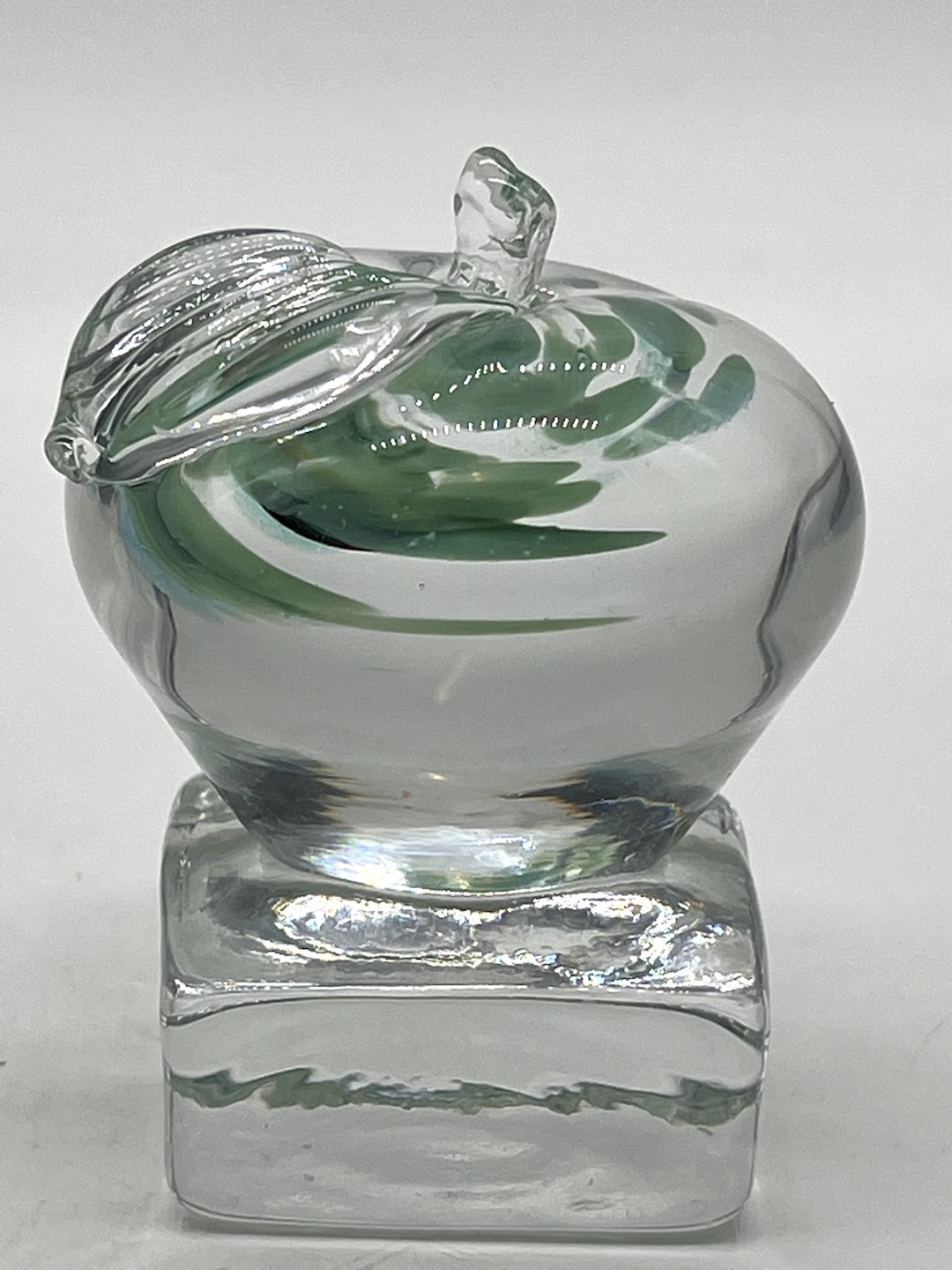 Unusual Glass Paperweight Green Apple On Cube