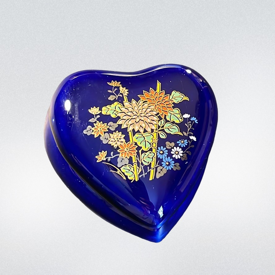 Cobalt Blue Heart Porcelain Trinket Box W/ Flowers