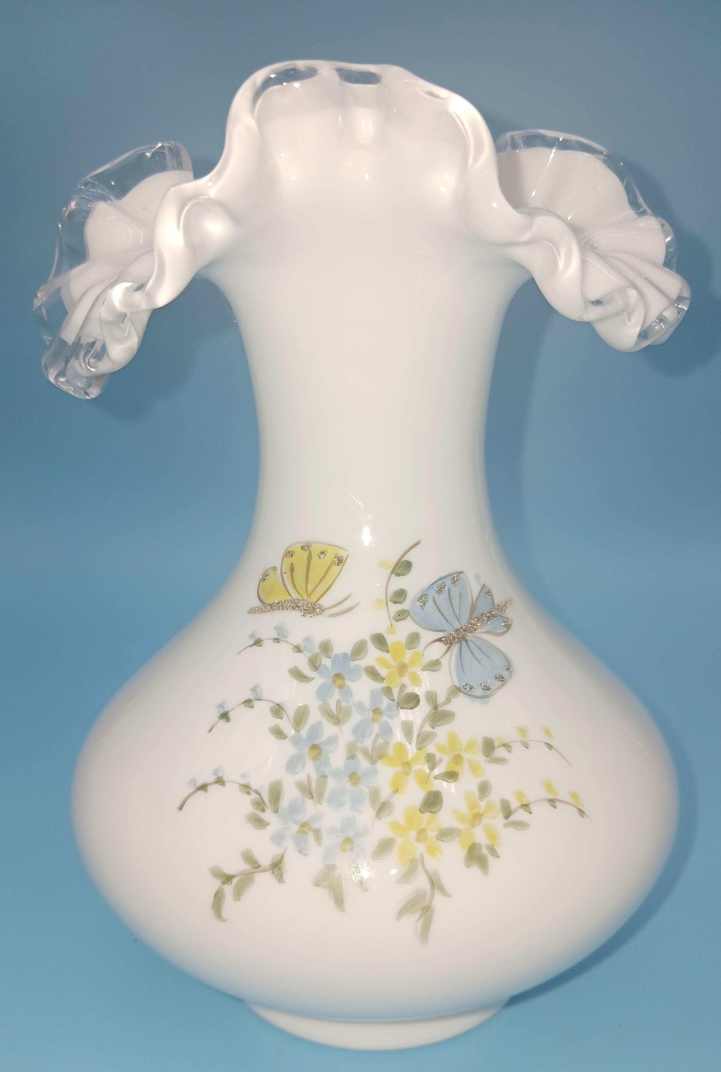 Fenton ,Silver Crest Vase With Hand Painted Blue And Yellow Butterfly ...