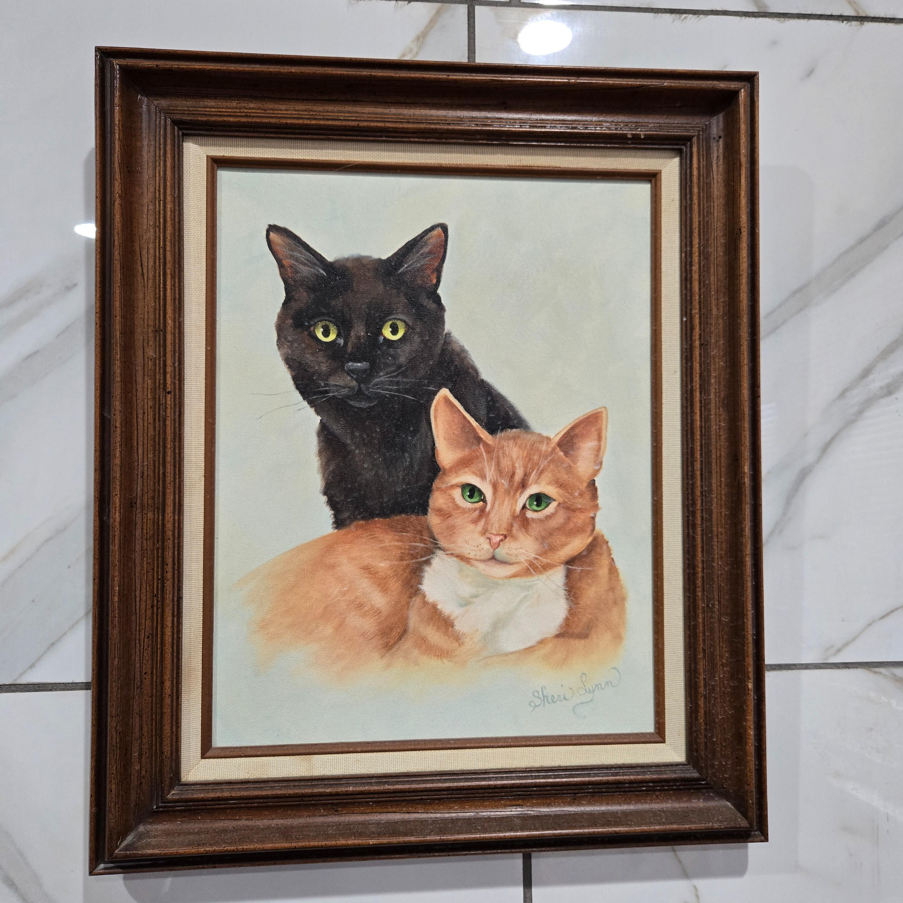 Oil Cat Painting Signed With Wood Frame Matted