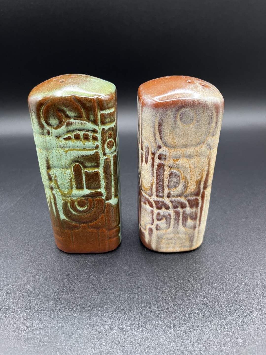 Frankoma Pottery Mayan Aztec Tall Salt And Pepper Shakers 4.5”