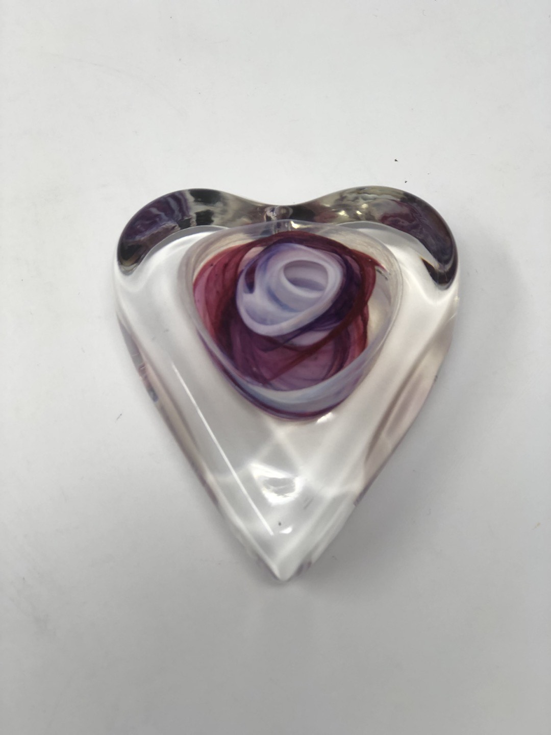 Heart Shaped Paperweight with Rose and White Swirl in Clear Glass Signed