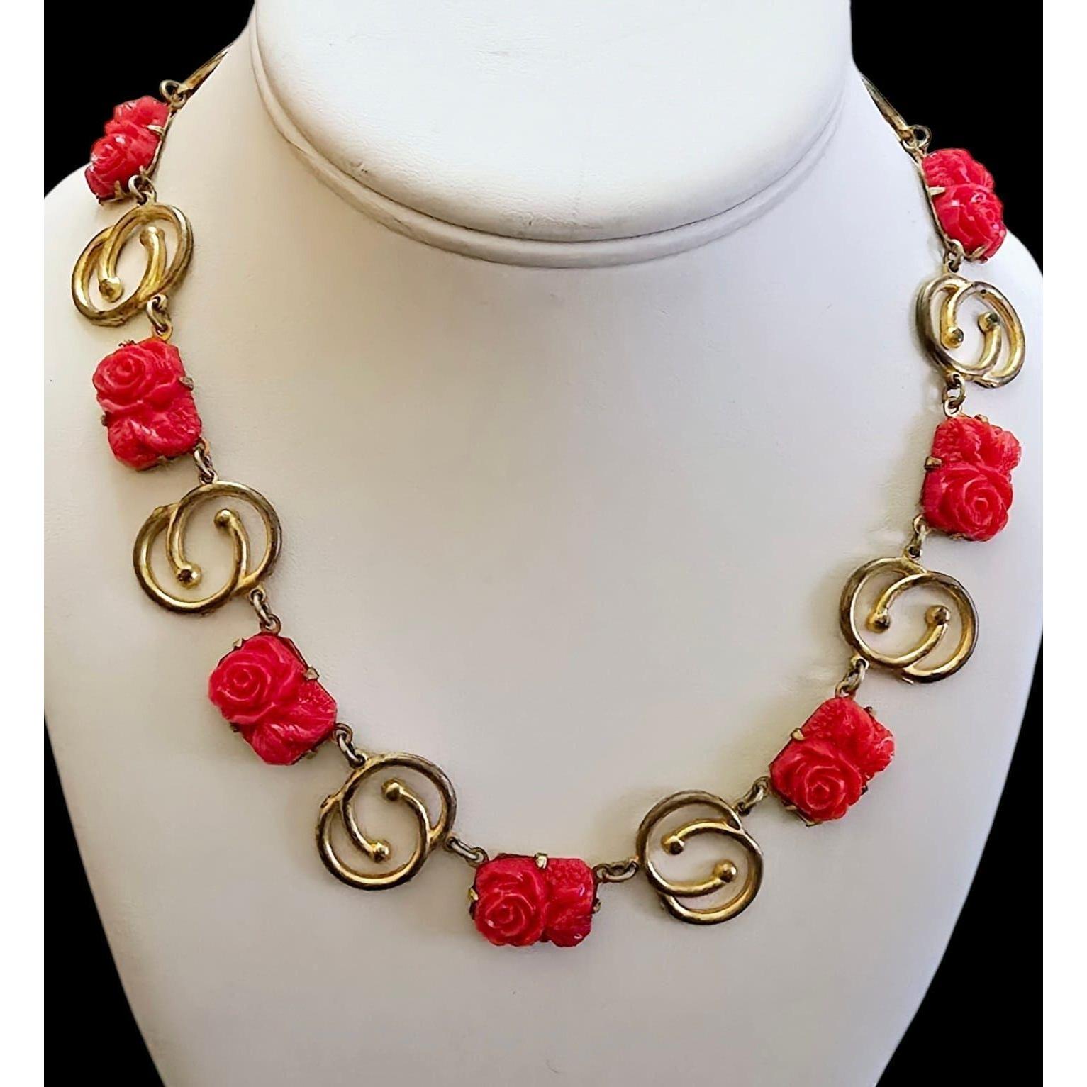 Stunning Art Deco Rare Molded Red Glass and Brass Necklace (A7622)