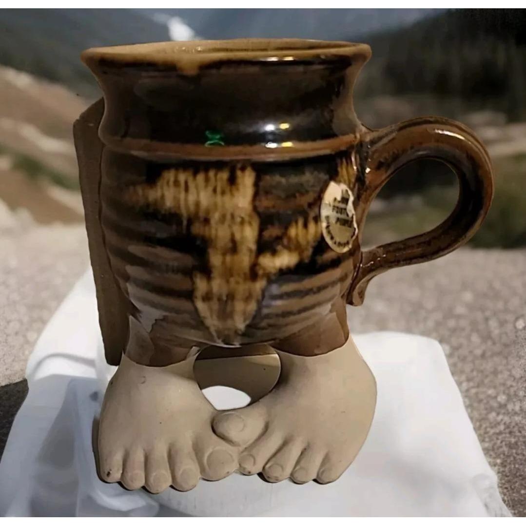 Five Bridges Pottery Feet Foot Coffee Mug Blue Brown Glazed Potbelly ...