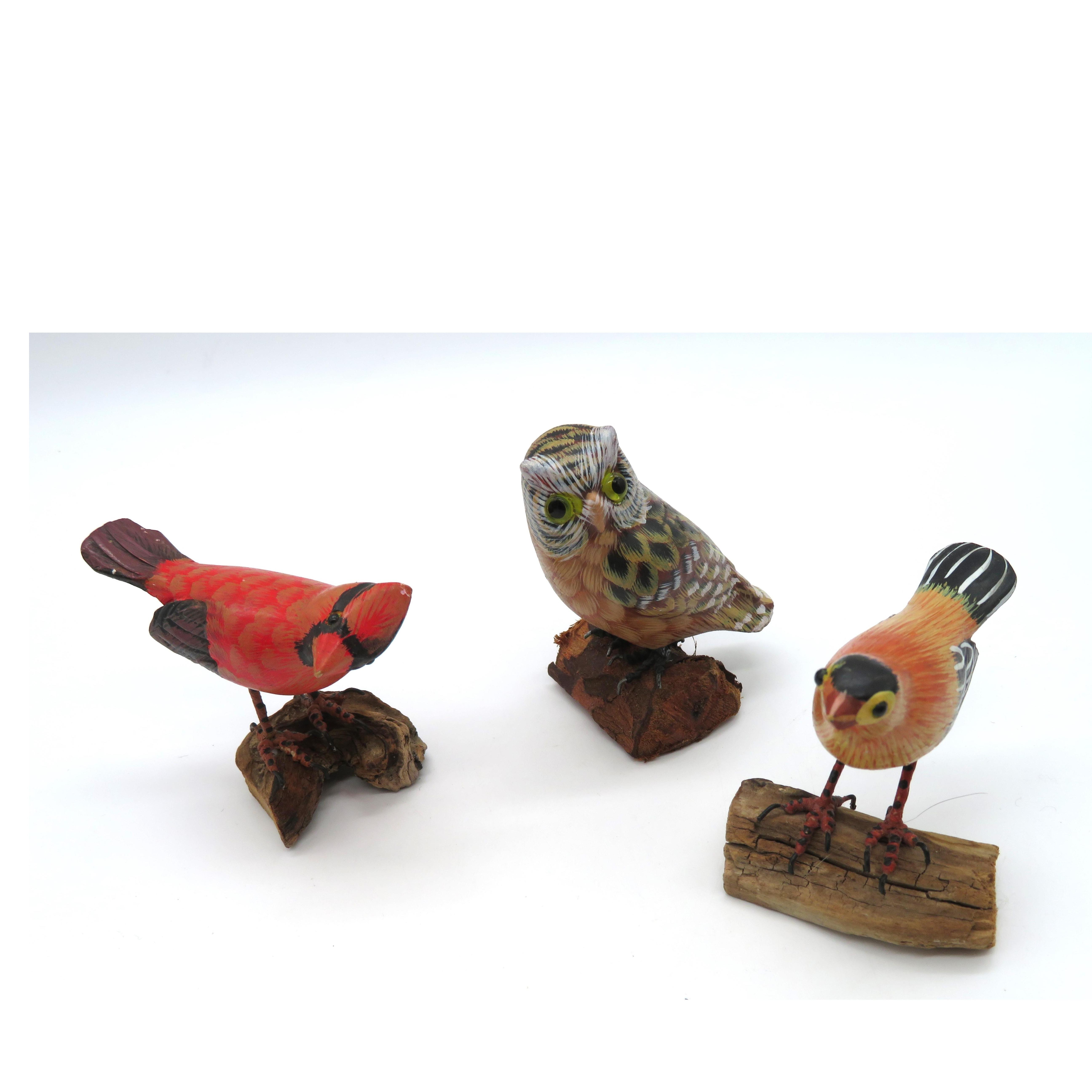 Vintage Hand-Painted Wooden Bird Figurines Set Cardinal Owl Finch