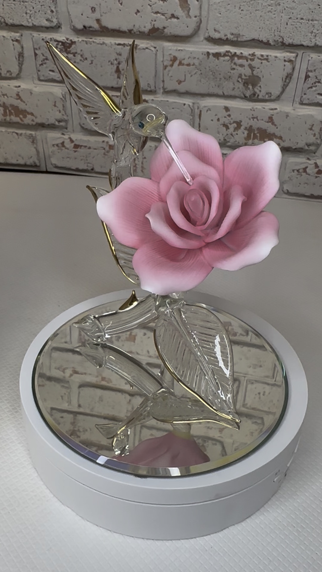 Read 6” Tall Glass Baron Hummingbird On Branch With Pink Porcelain Rose ...