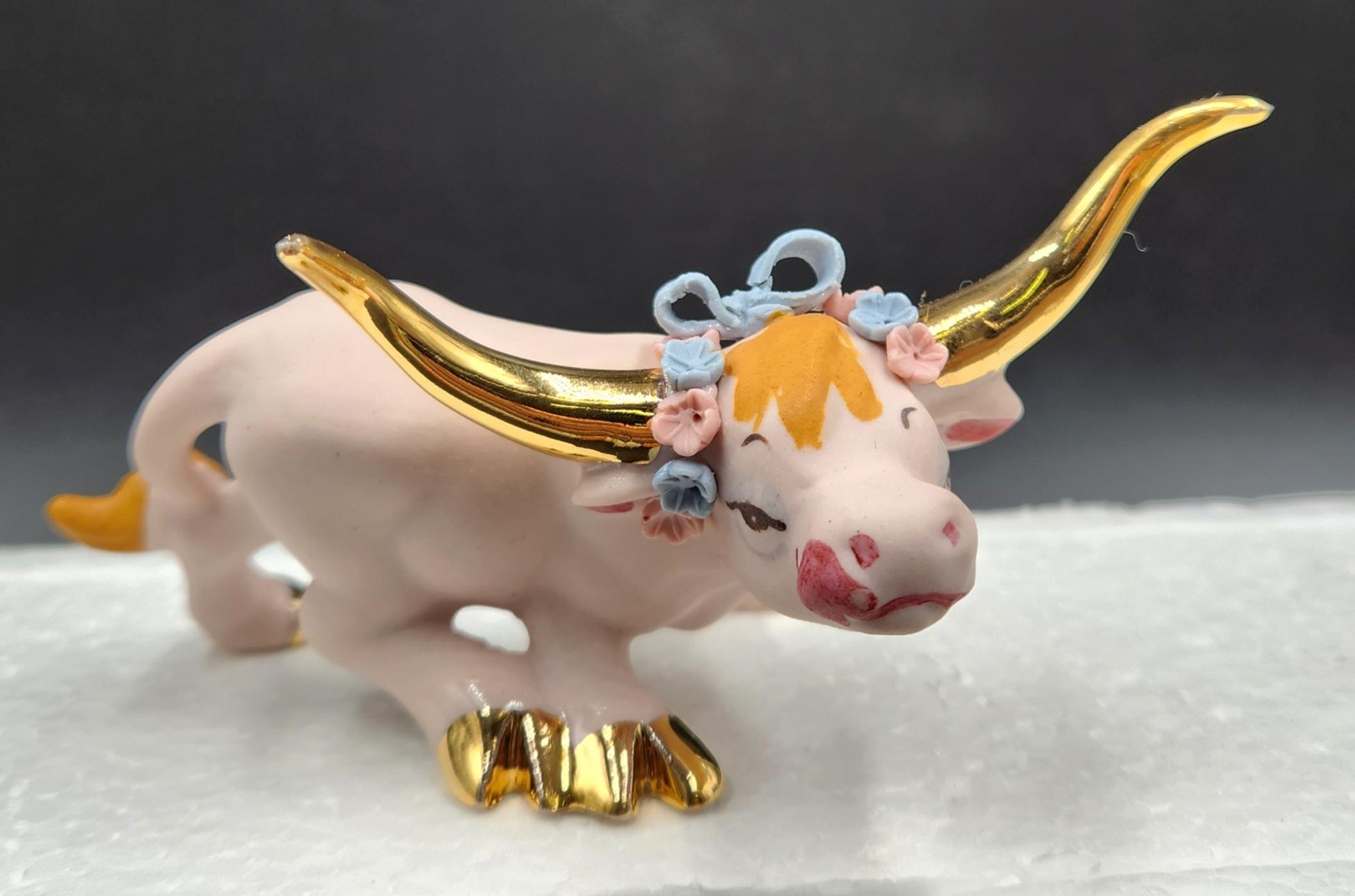 Vintage Pink Longhorn Bull Figurine Bow Flowers Walker Renaker