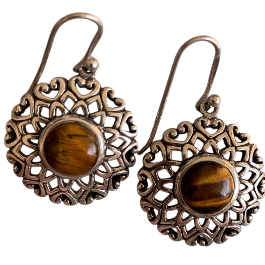 Sterling Silver Round Dangle Filigree Tigers Eye Earrings Made In Thailand