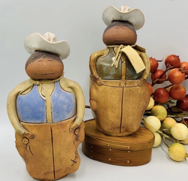 Pair Of 1990s Val Knight Studio Pottery Cowboys Figurines Sculpture