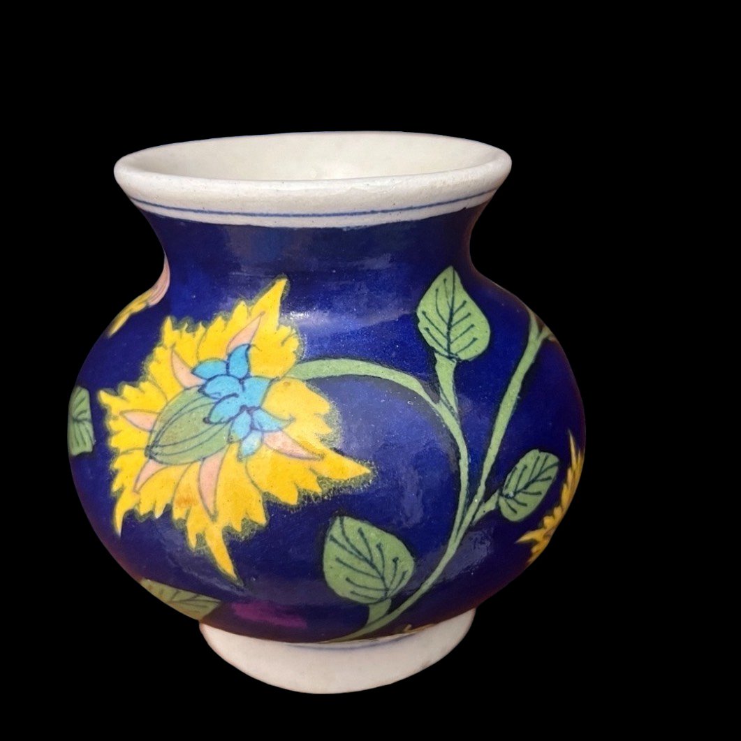 Hand-Painted Royal Blue Ceramic Vase with Yellow Flowers from India