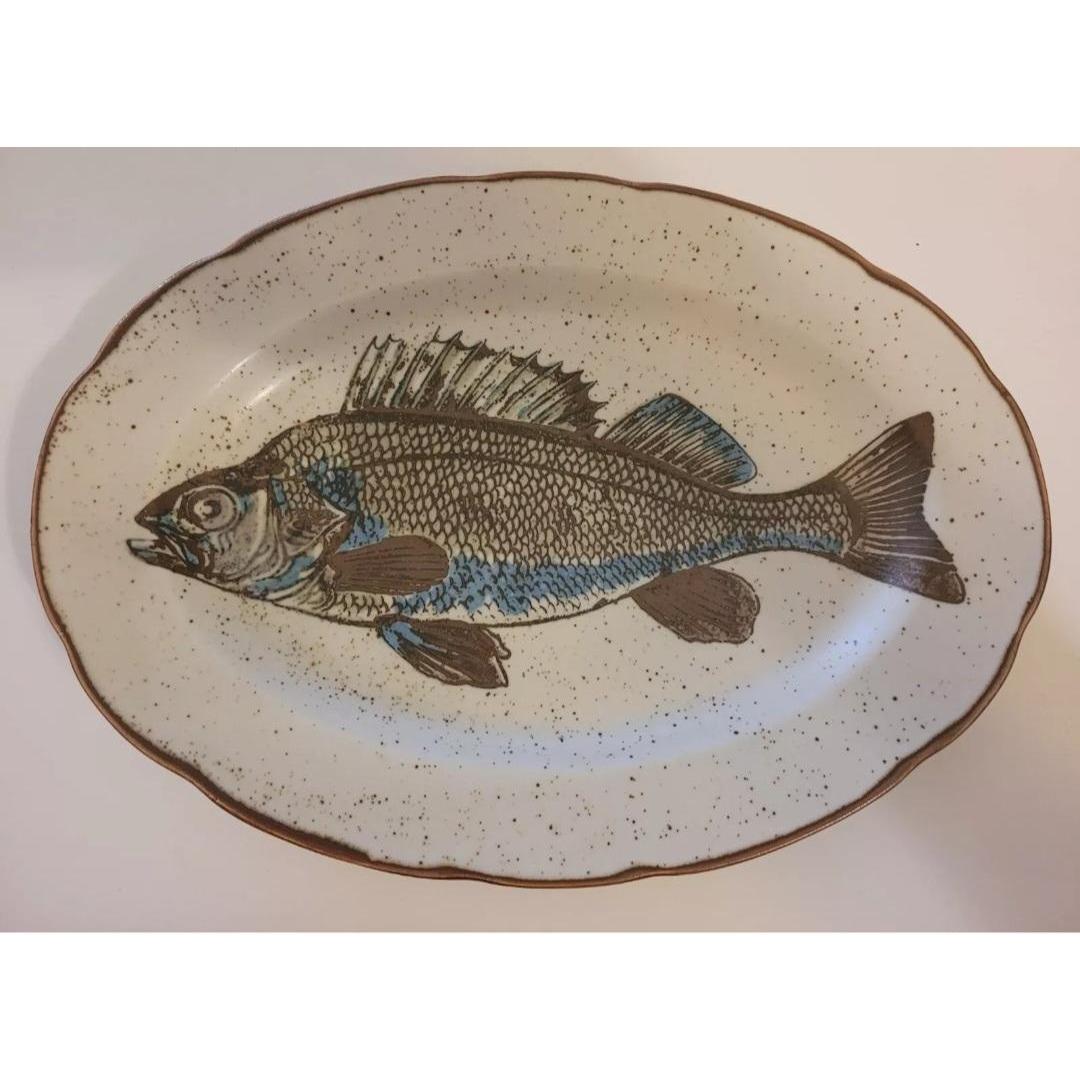 Enesco Fish Platter Plate Oval Ceramic JAPAN MCM RARE Brown Blue Dinner ...