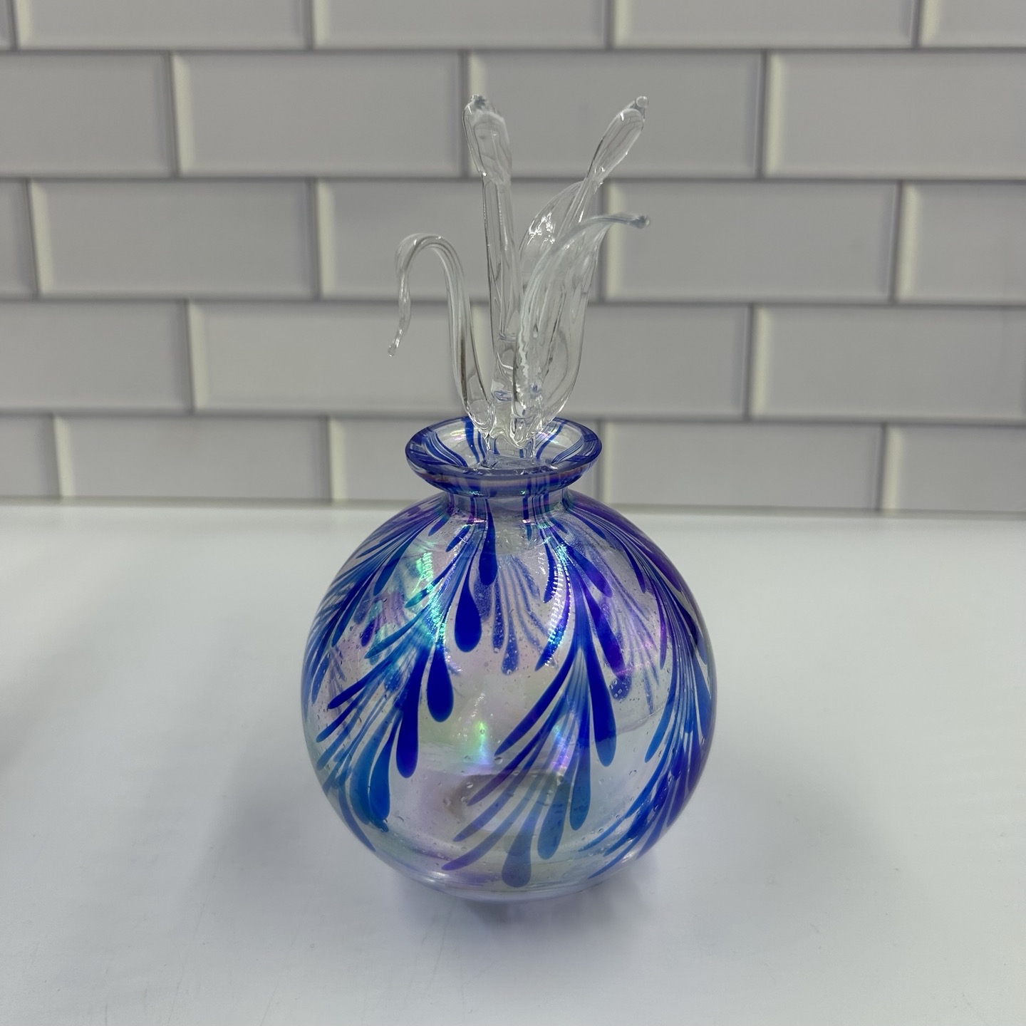 Vintage Blue Patterned Glass Perfume Bottle With A Clear Glass Stopper