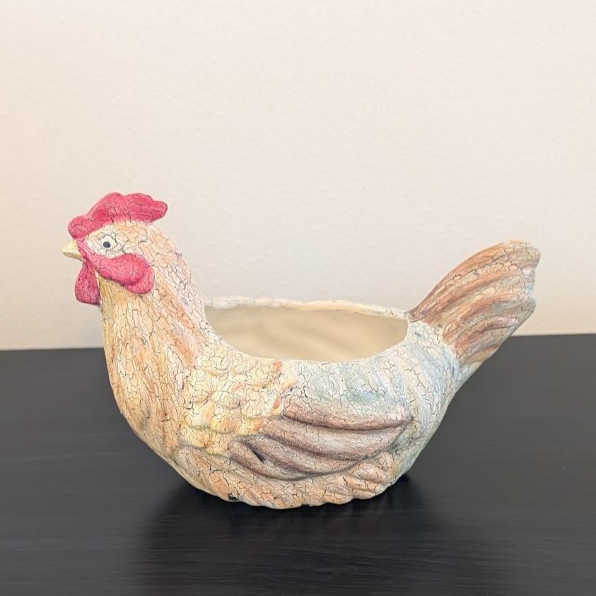 Rustic Ceramic Hen Chicken Planter with Crackle Paint