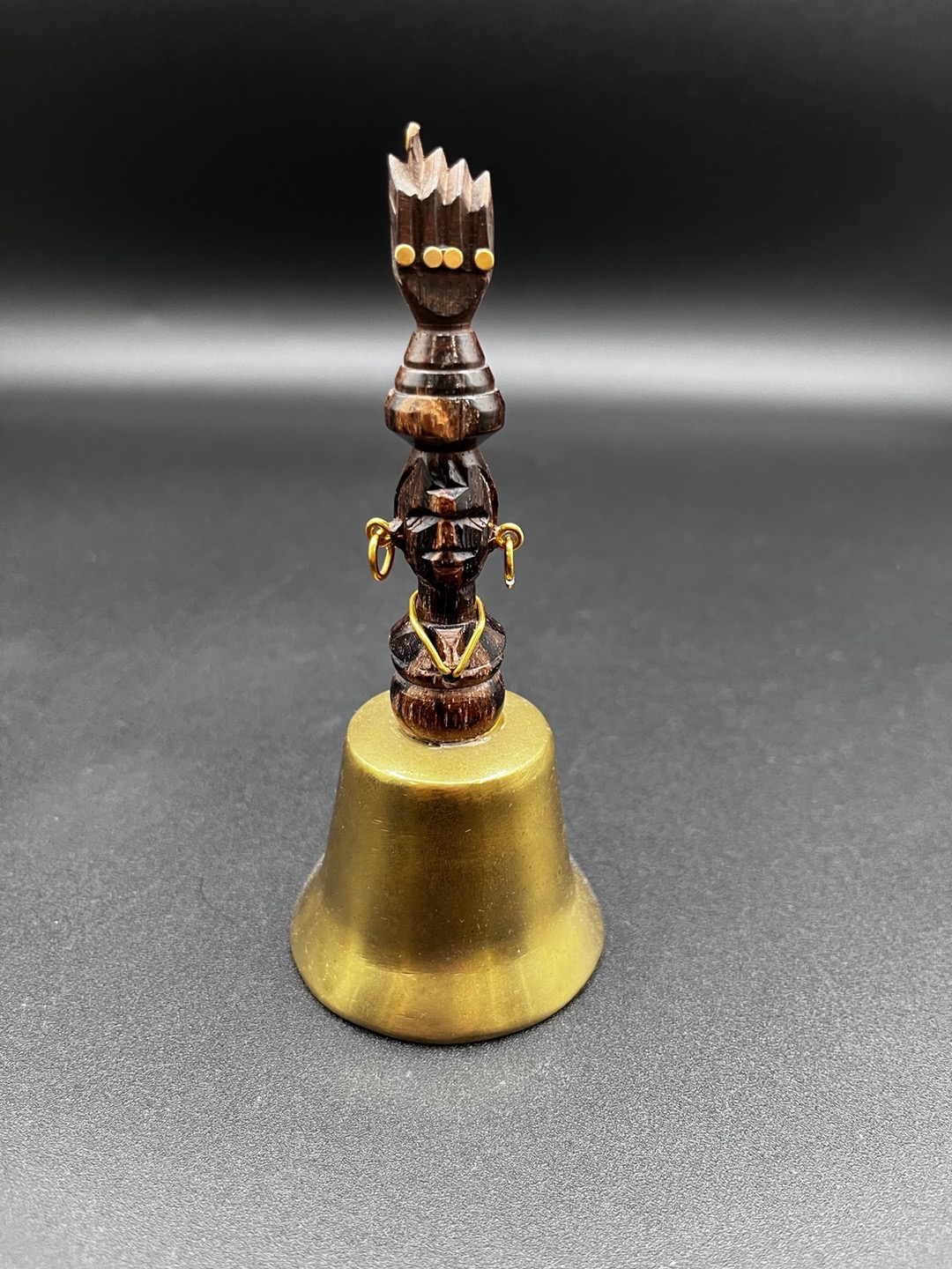 Folk Art Brass And Wood Bust Bell 4.5” 🔔