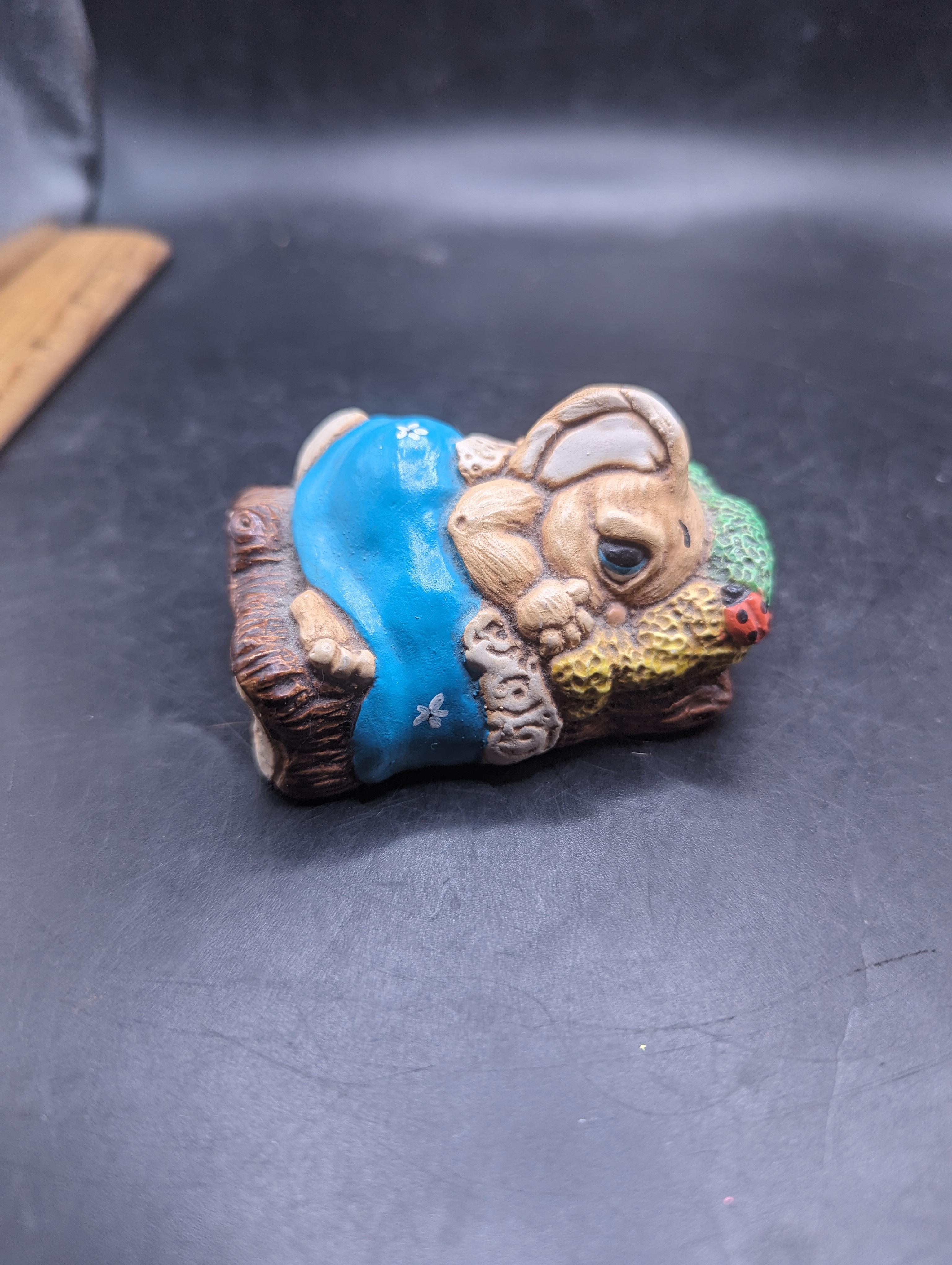 Vintage Woodlander Pendelfin Bunny 'Nipper' In Bed With Ladybug