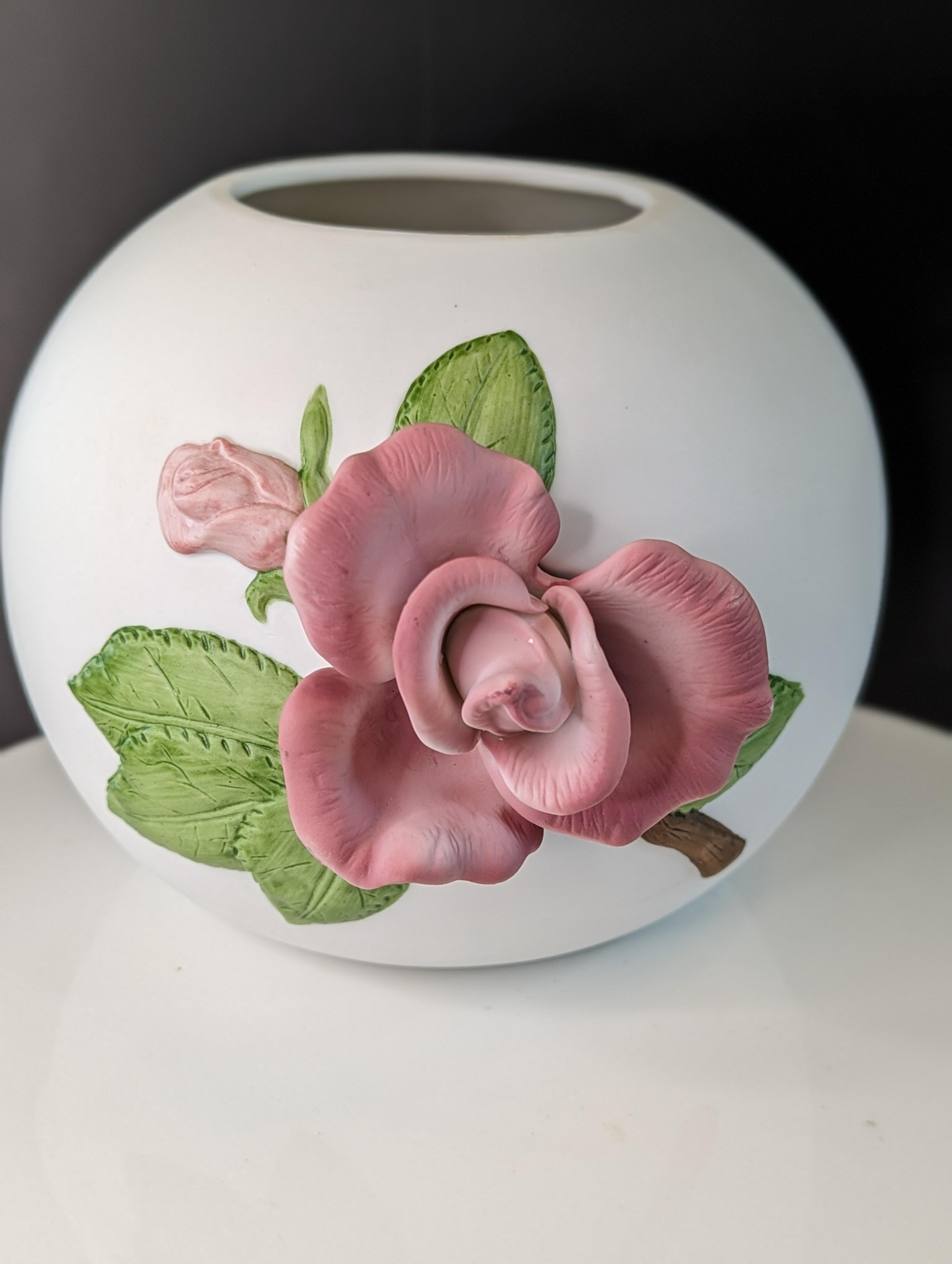Vintage Ceramic Rose Vase, Hand-Painted Floral Design