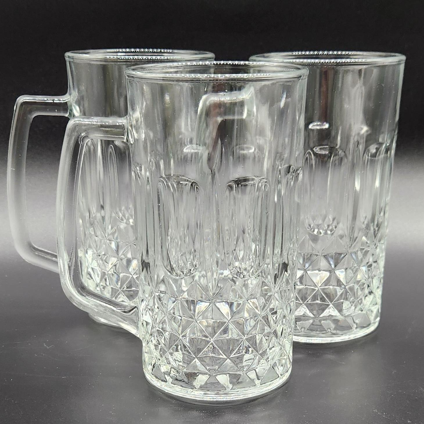 KIG Indonesia Glass Beer Mug Drinkware Diamond Pattern Set of 3