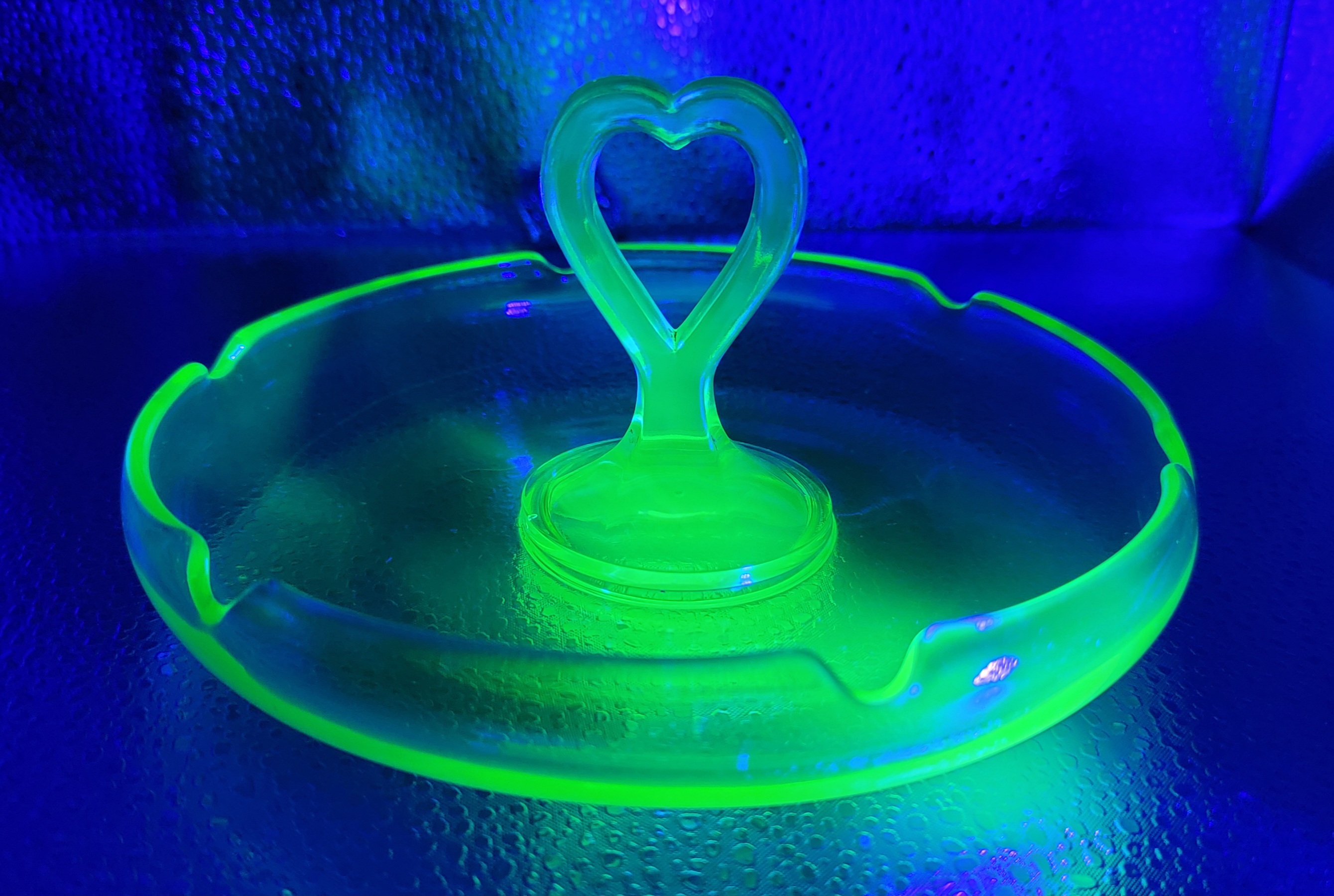 Uranium Glass heart handled ashtray/candy dish