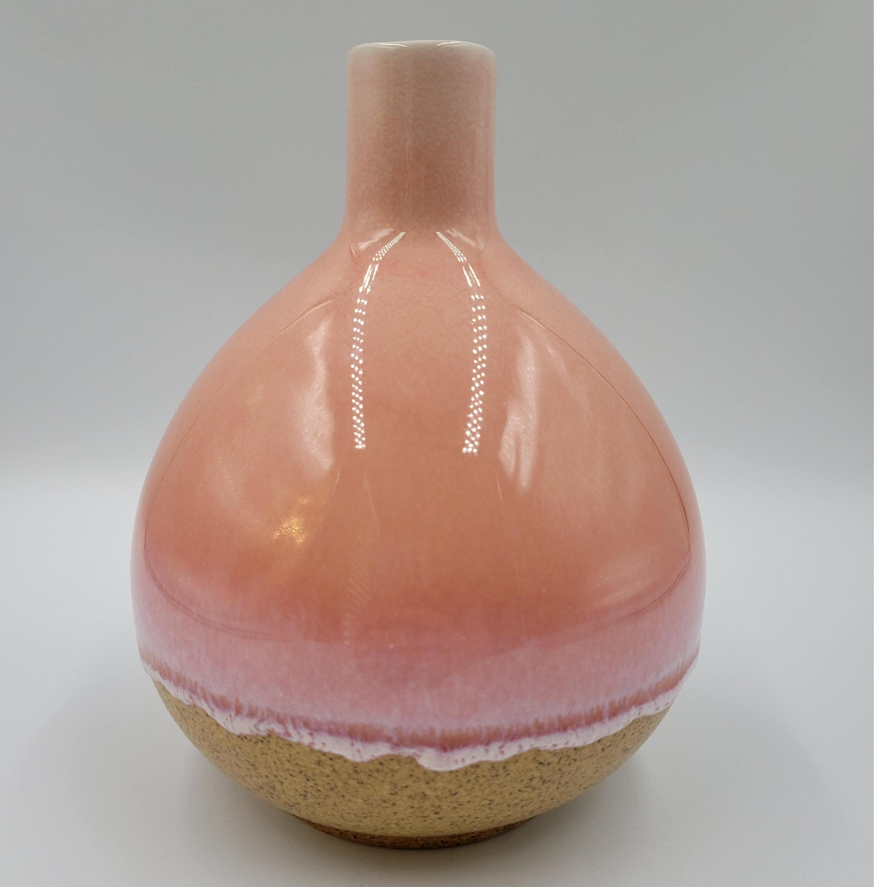 Stoneware Pottery Vase With Peachy Pink Drip Glaze Over Speckled Tan ...
