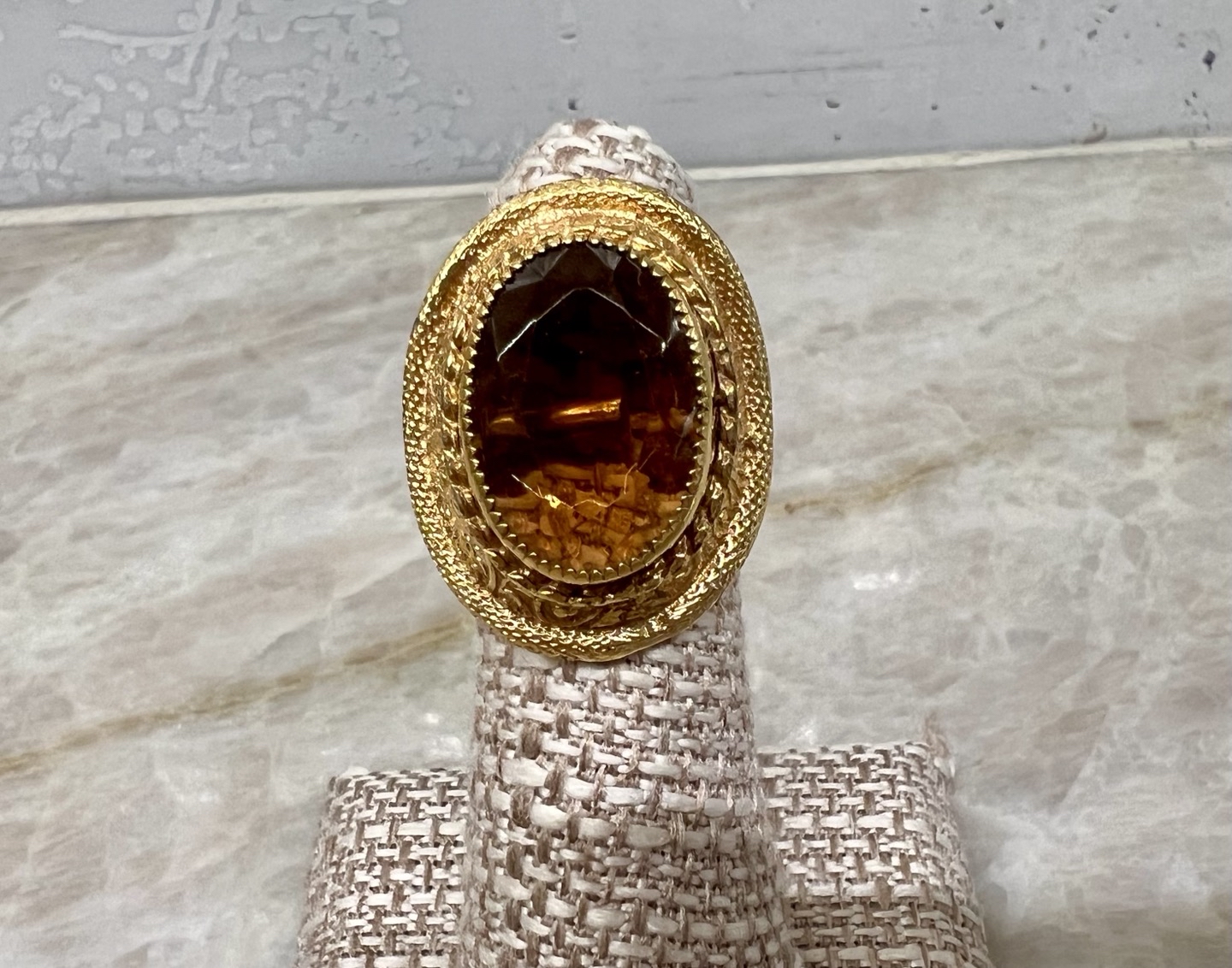 Vintage Emmons Gold Color Ring With Topaz Color Stone Adjustable Size 5
