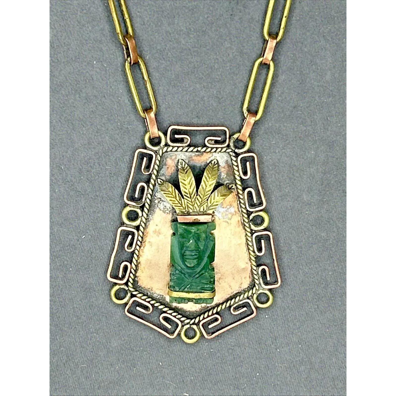 Vintage Carved Malachite Mayan Aztec Warrior Copper Necklace ~ Mexico