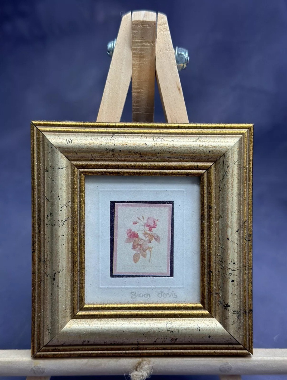 Vintage Sharon Jervis Floral Miniature Art Matted & Framed With Easel