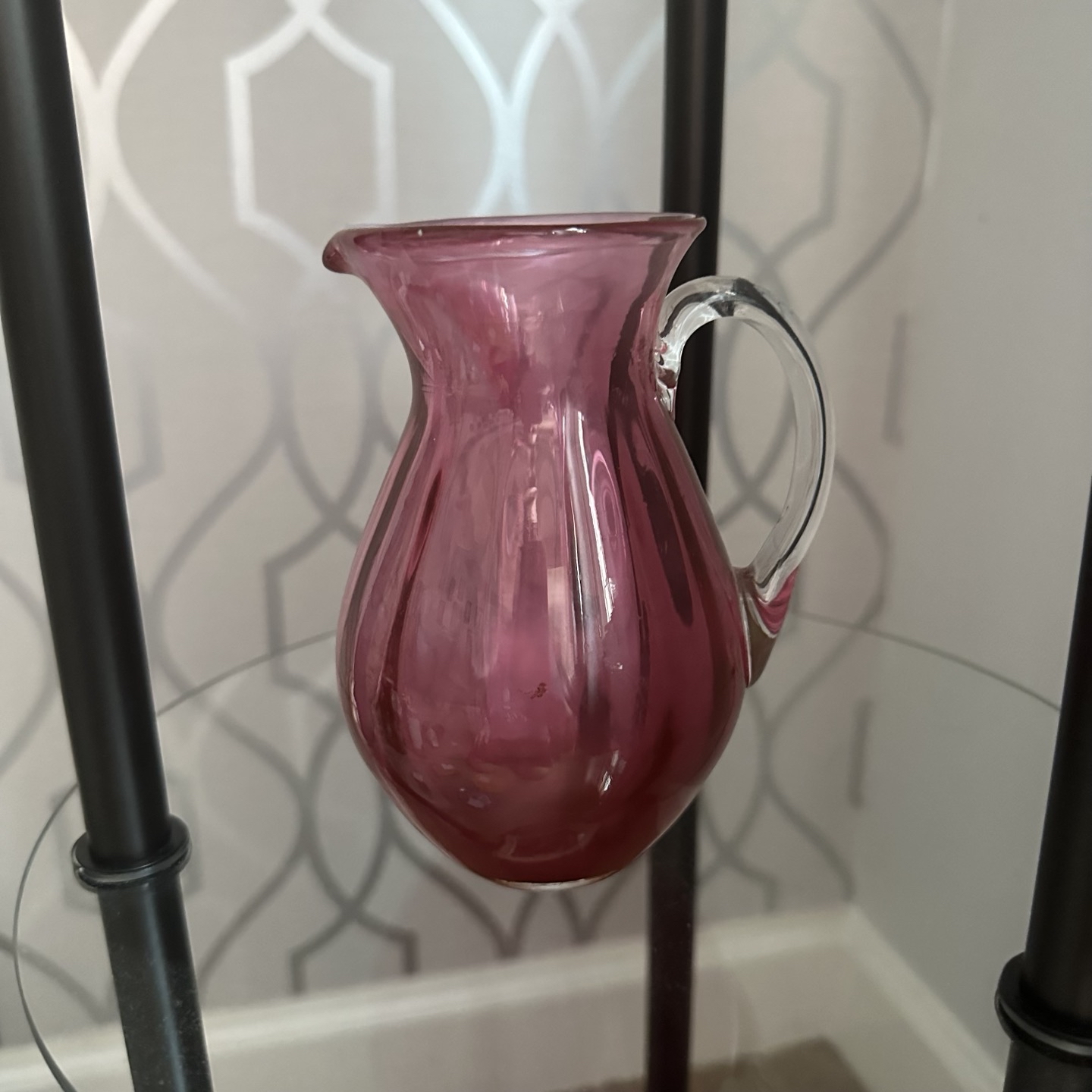 060 5.5” Cranberry/Raspberry Glass Jug, Clear Glass Applied Handle ...