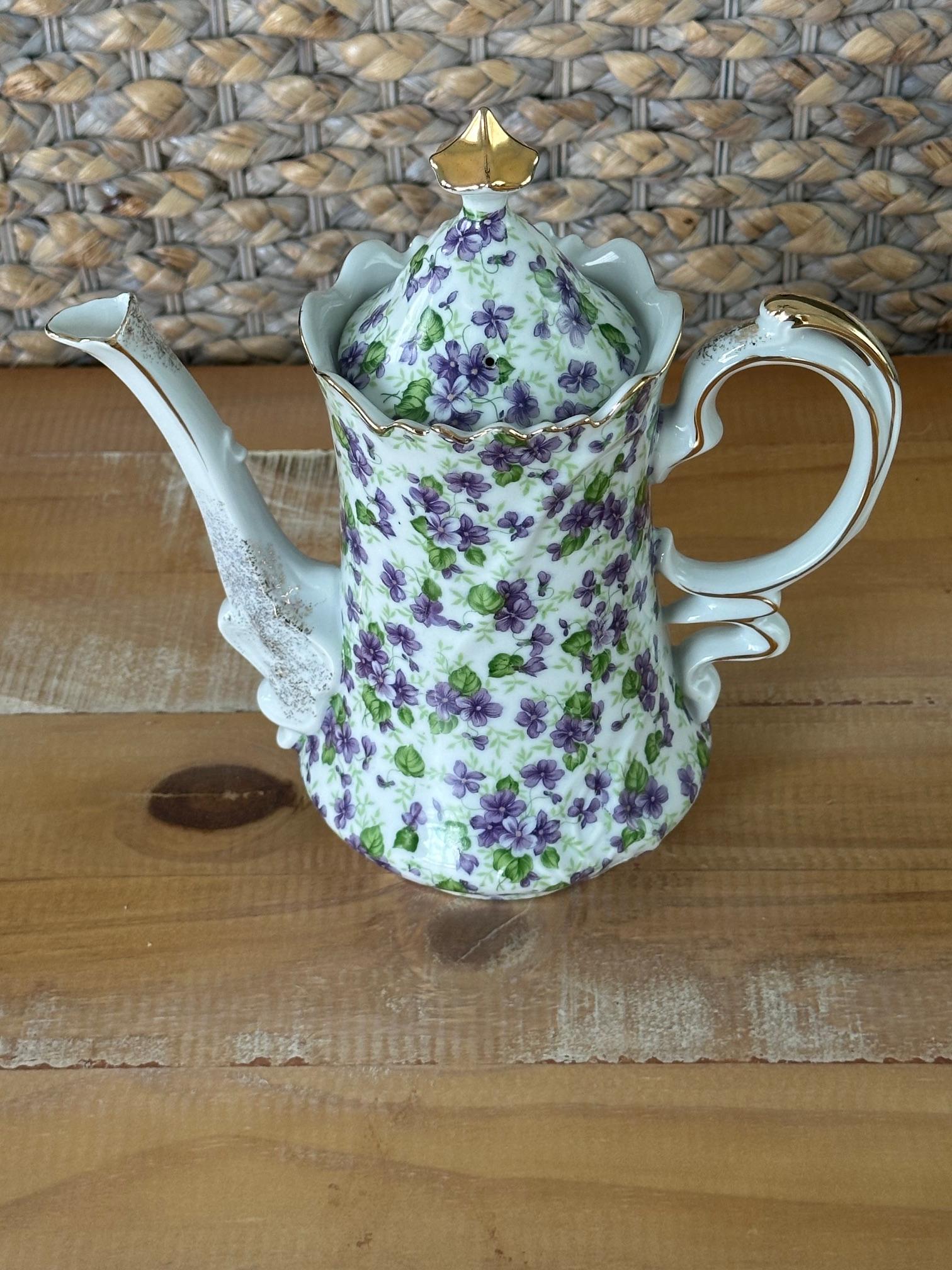 Vintage Lefton Chintz Coffee Pot Teapot Violet Hand Painted Flowers ...