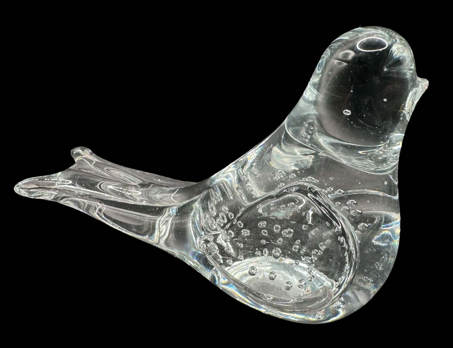 015 Art Glass Bird Paperweight Clear Controlled Bubble 5”