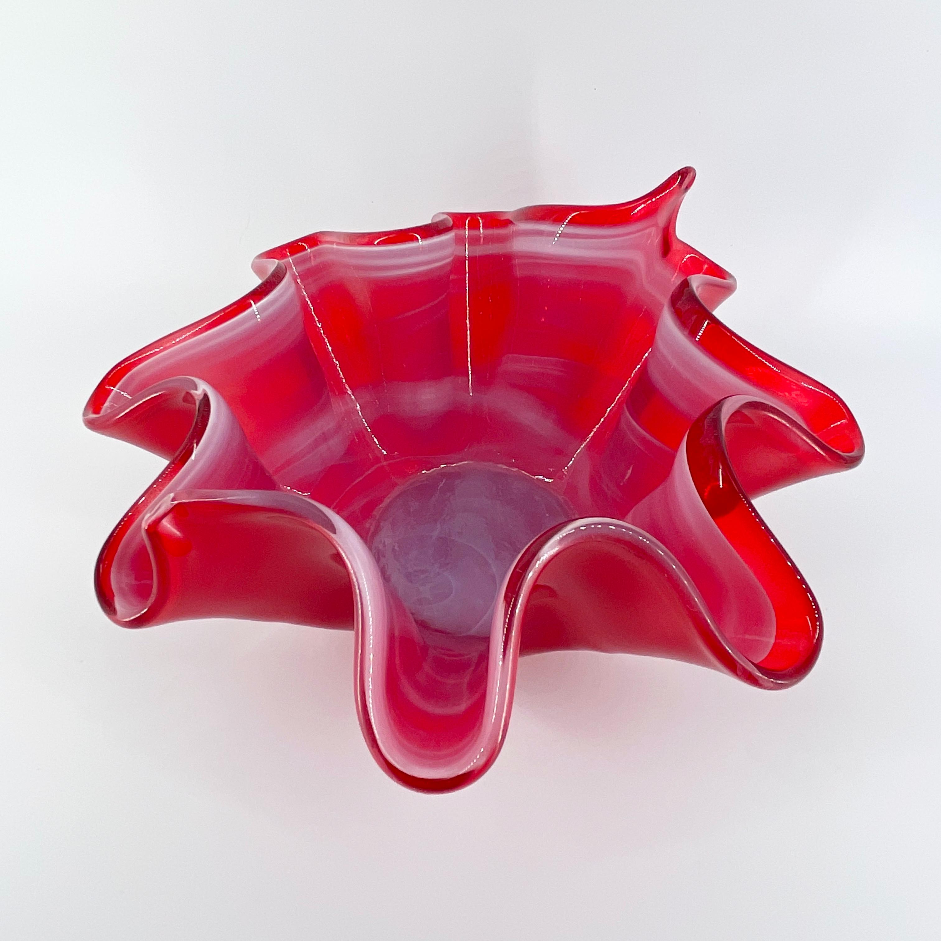 Candy Apple Red & White Swirled 11" Handkerchief Bowl Ruffled