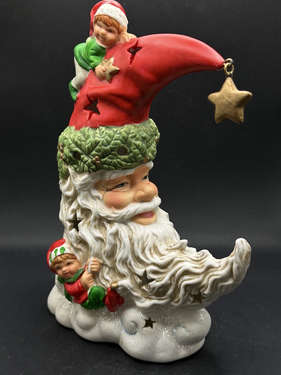 Crescent Moon Santa With Elves Tea light Holder.